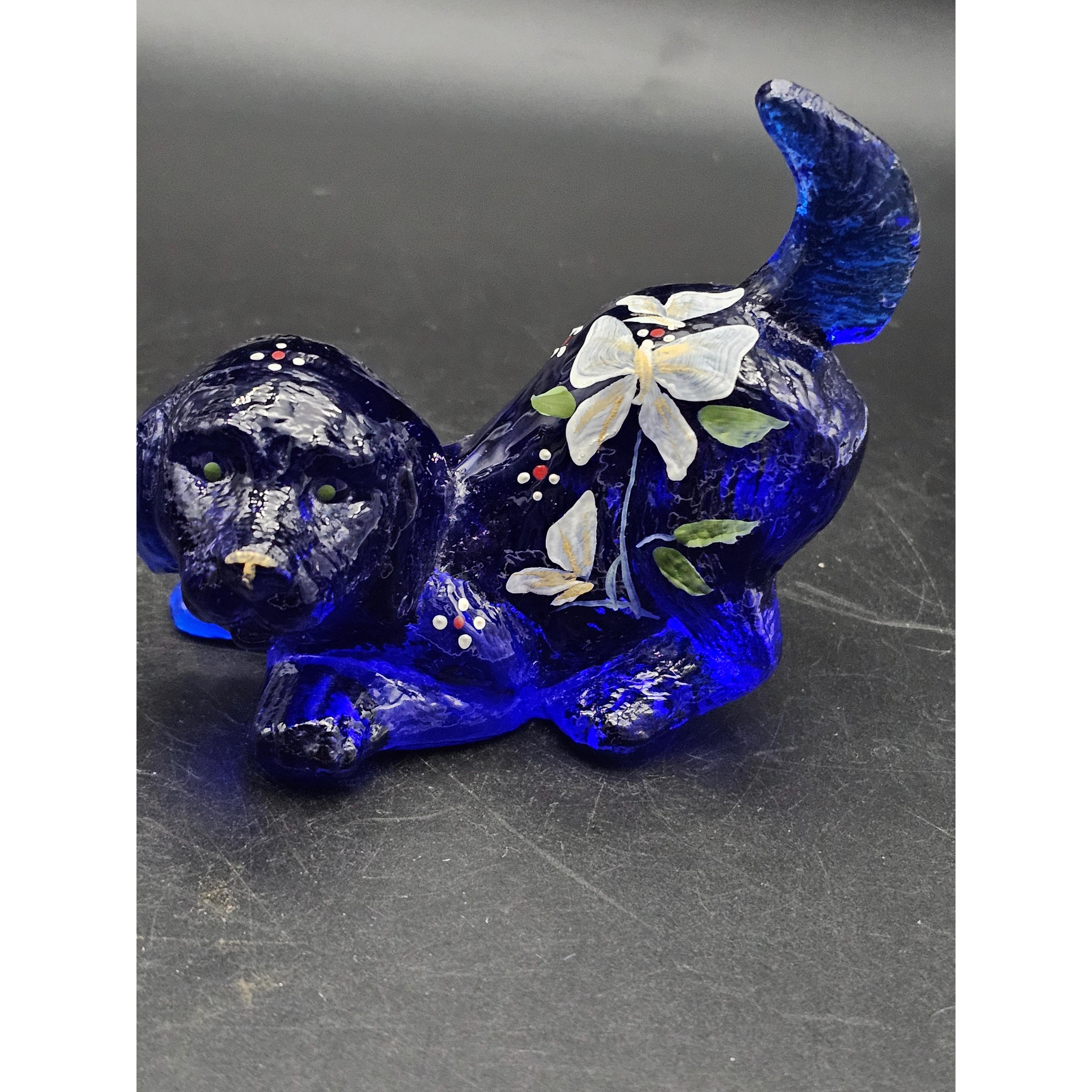 Fenton Blue Cobalt Puppy Dog Laborador Hand Painted Floral Signed With ...