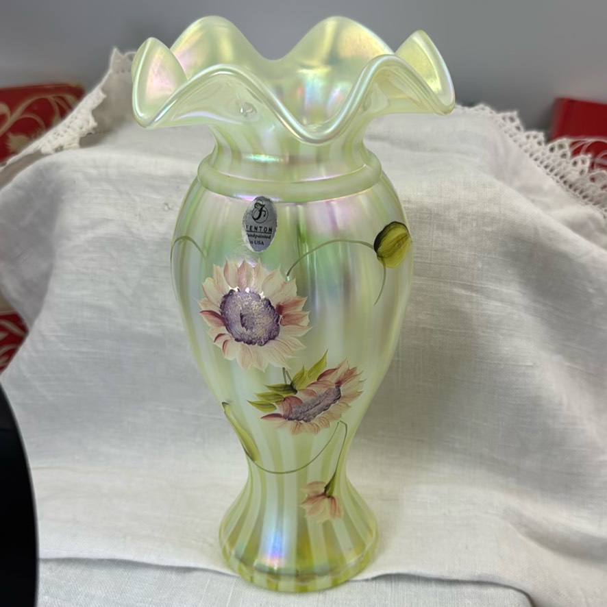 Fenton Topaz Vaseline Opalescent Autumn Beauty Vase - Signed & Numbered ...