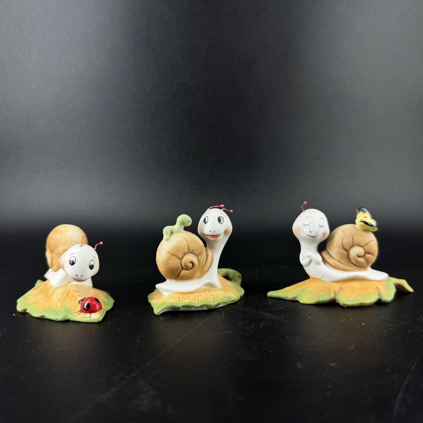 4 Homco Anthropomorphic Snail on Leaves Ceramic Figurines