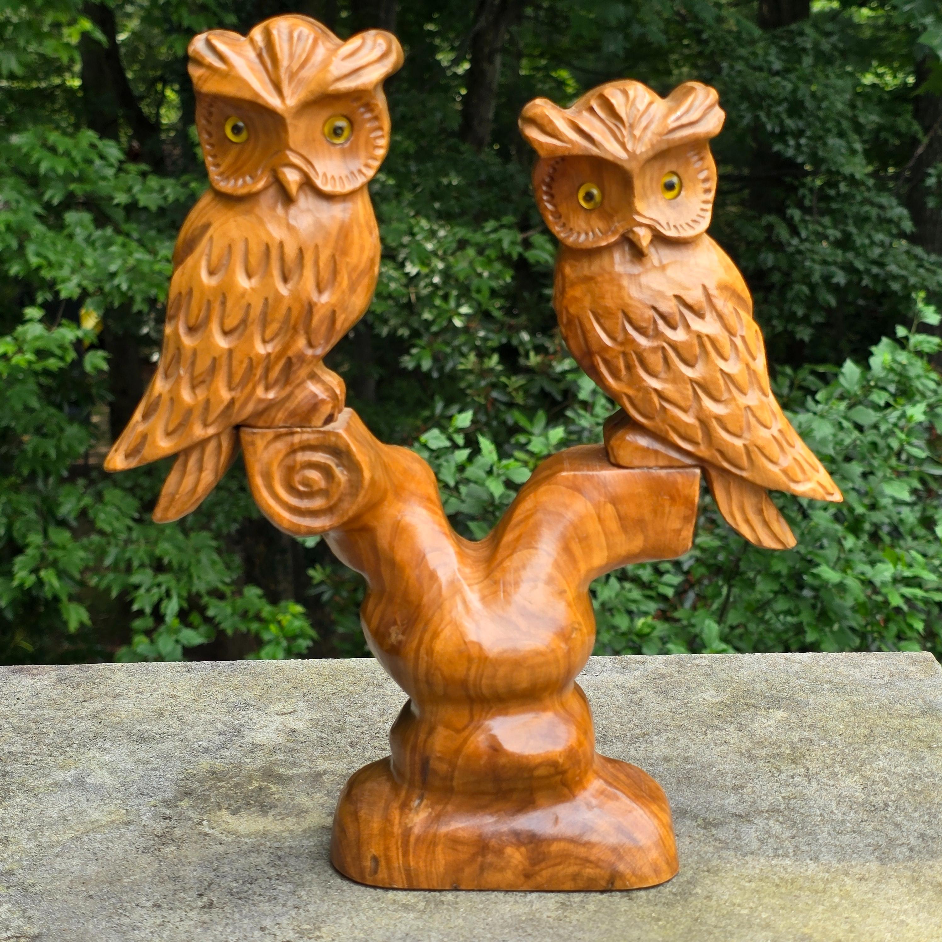 Vintage Hand Carved Wooden Owls Tree Branch Home Decor Art Figure ...