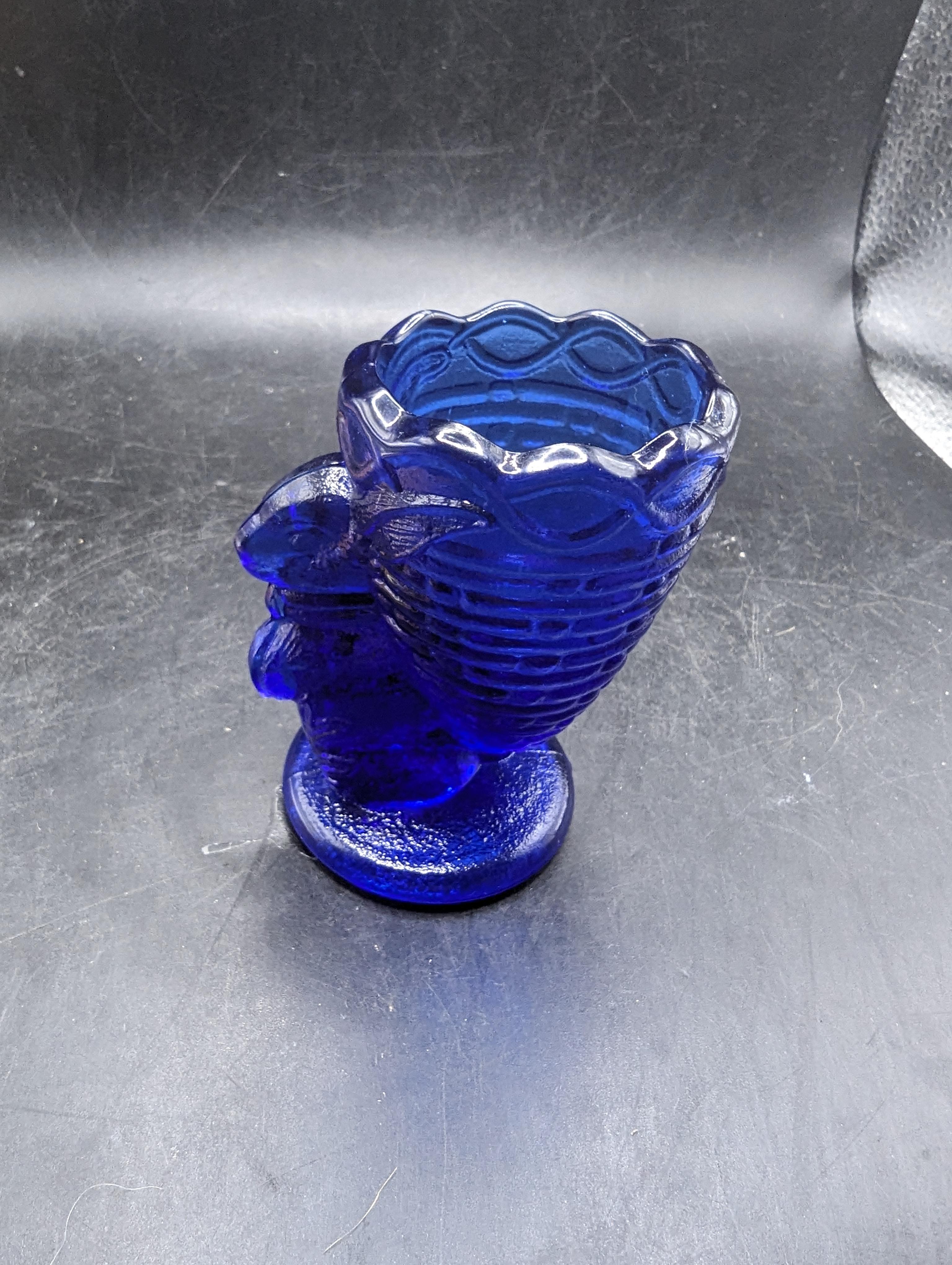 Vintage Fenton Cobalt Blue Glass Bunny Rabbit w/ basket Egg Cup Holder ...
