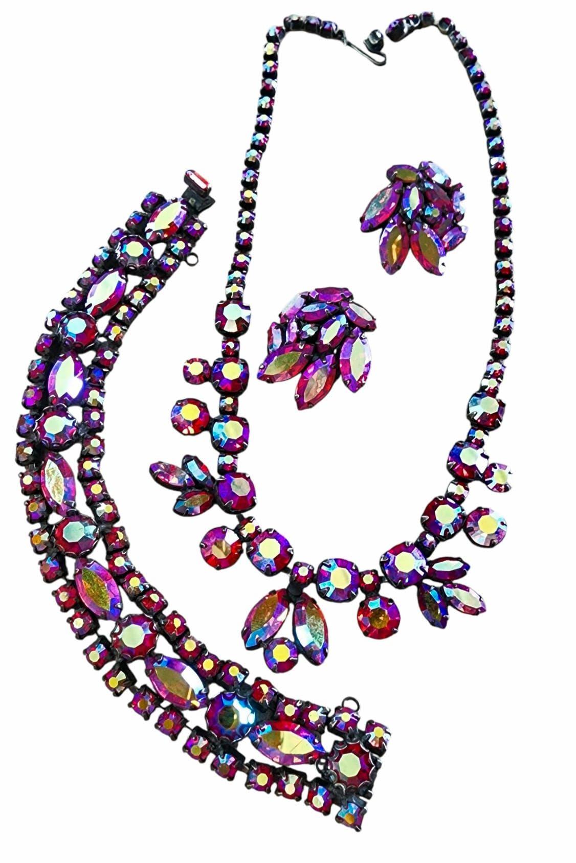 Spectacular Signed Regency Pinky Red AB Rhinestone Demi Parure Set (A5812)