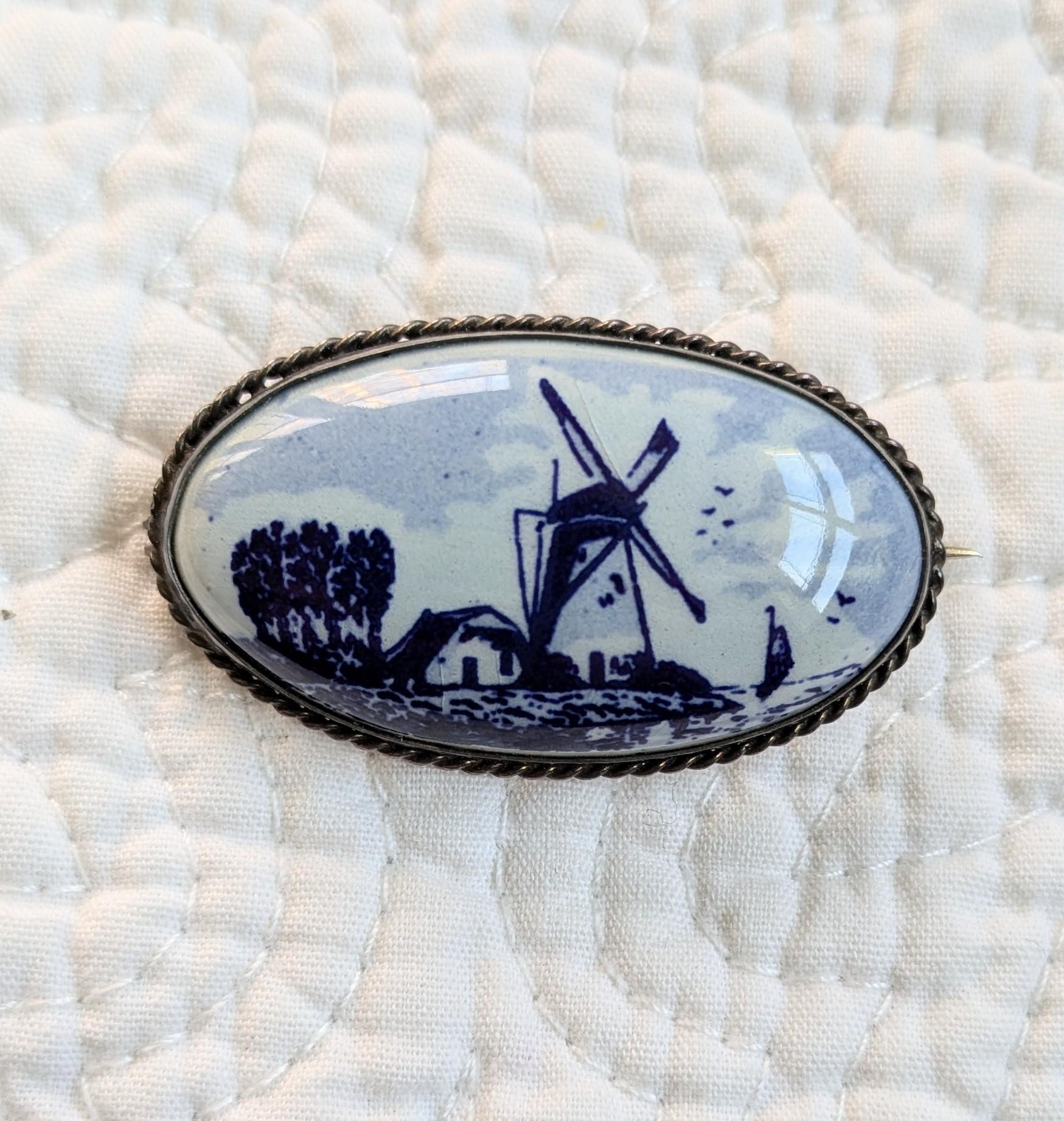 Antique Sterling Silver Delft Brooch with C-clasp