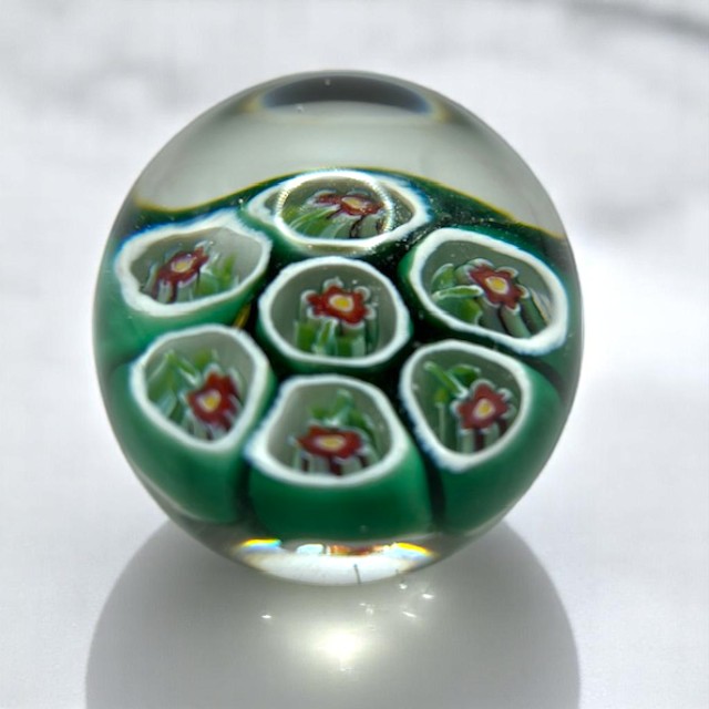 Mini Art Glass Paperweight Millefiori Flowers Green Red Polished Bottom ...