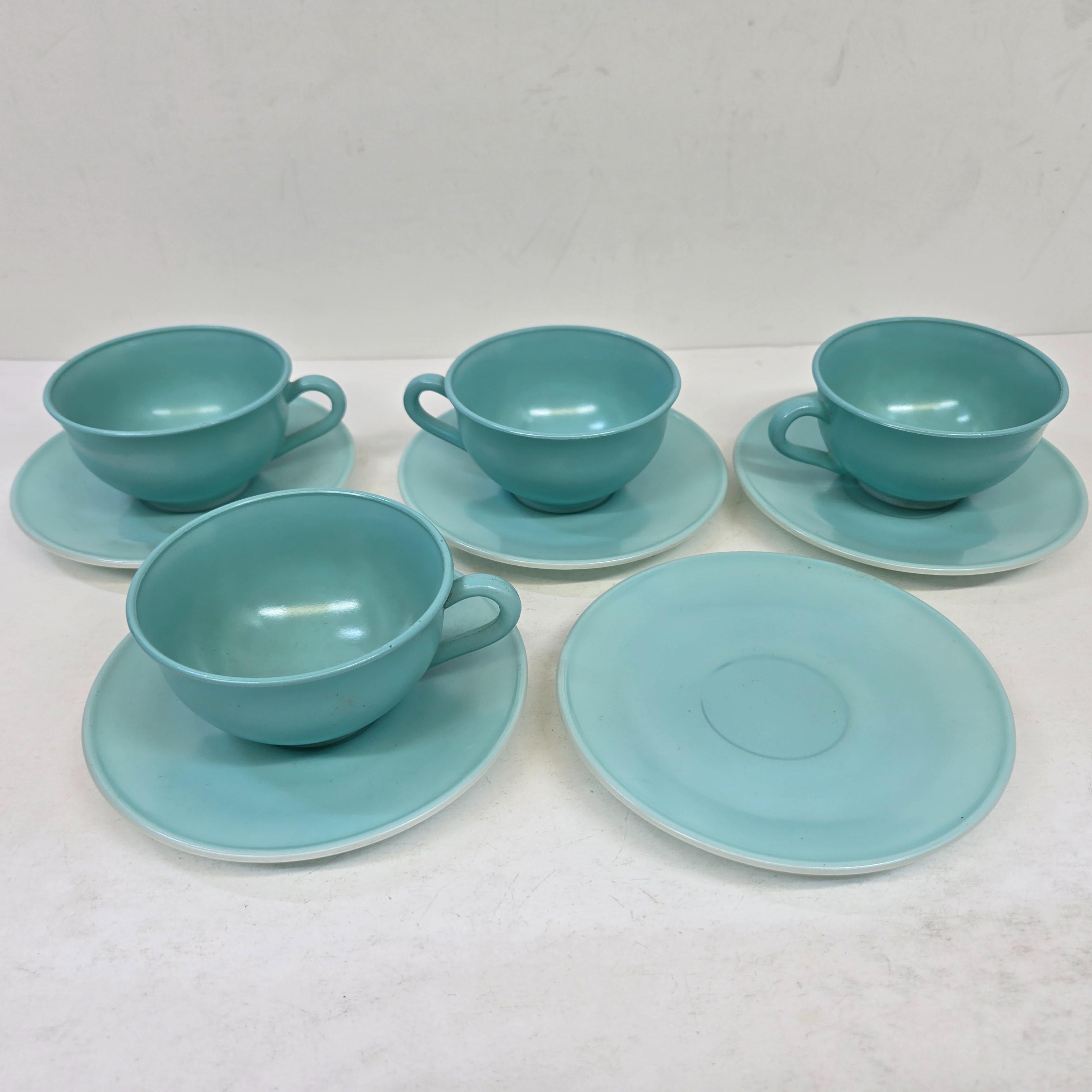 Vintage Hazel Atlas Cup & Saucer Milk Glass Teal Set of 4 & Extra Plate