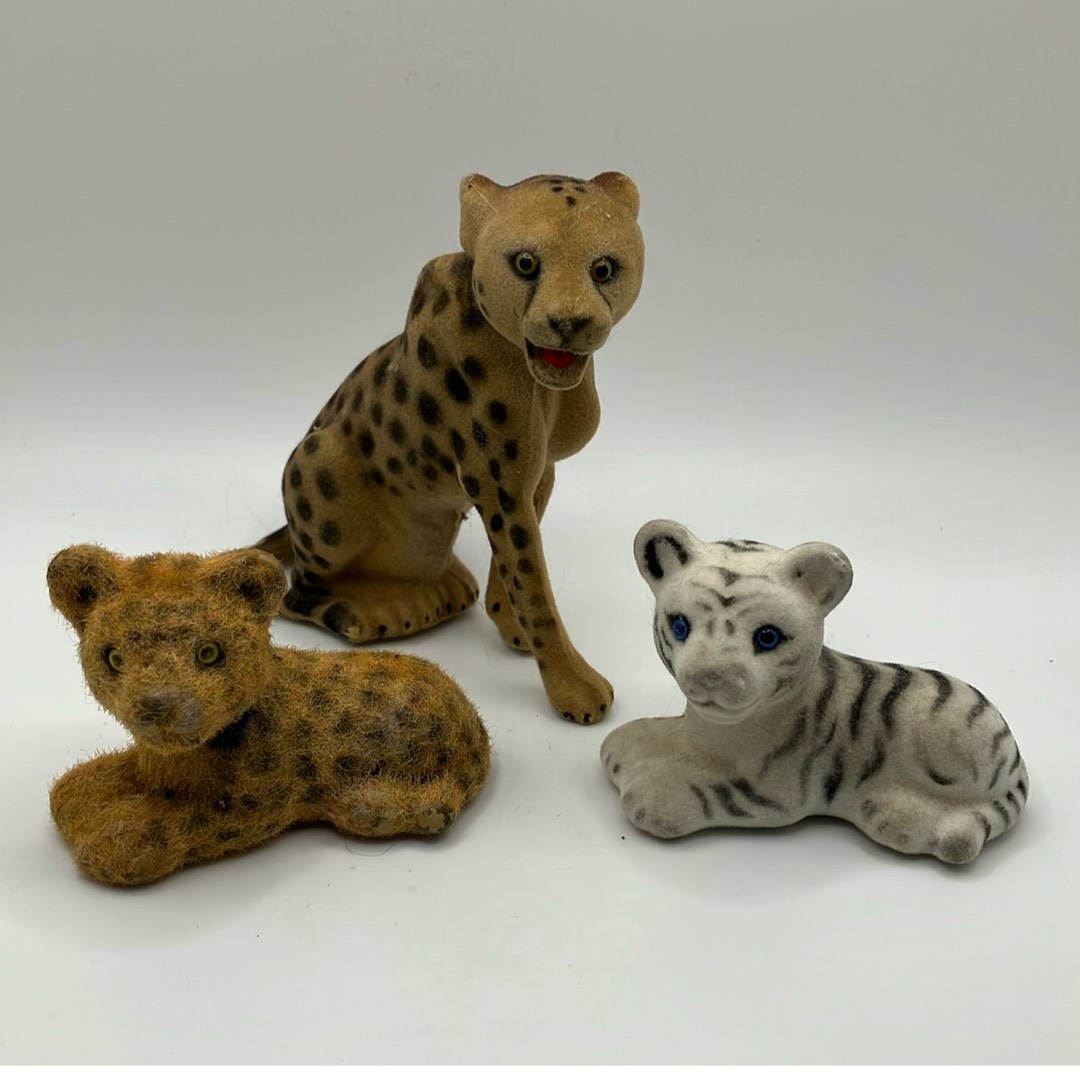 Trio of Fuzzy Flocked Cats Tiger Cheetah