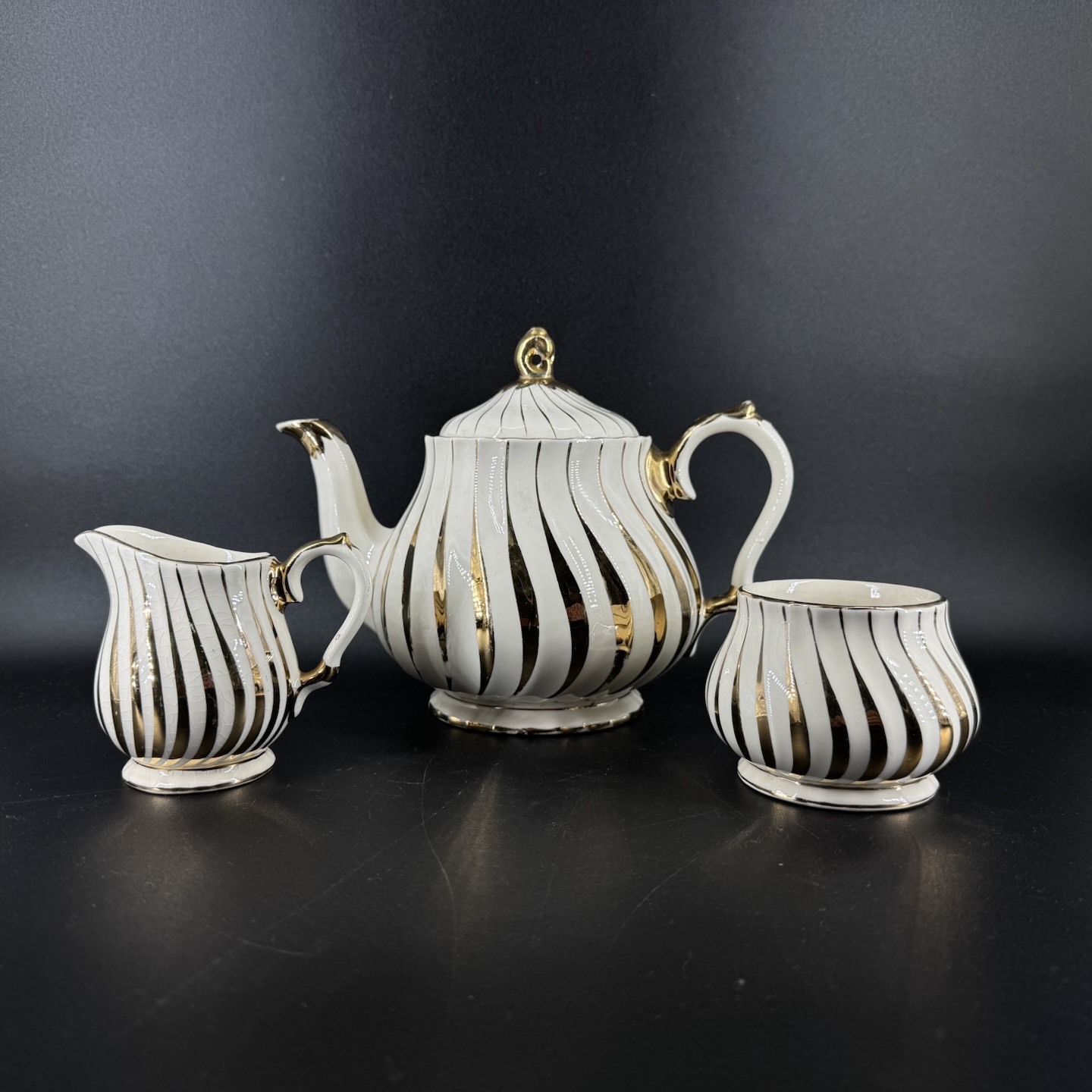 Sadler England Swirl Porcelain Tea Coffee Pot Sugar & Creamer Gold ...