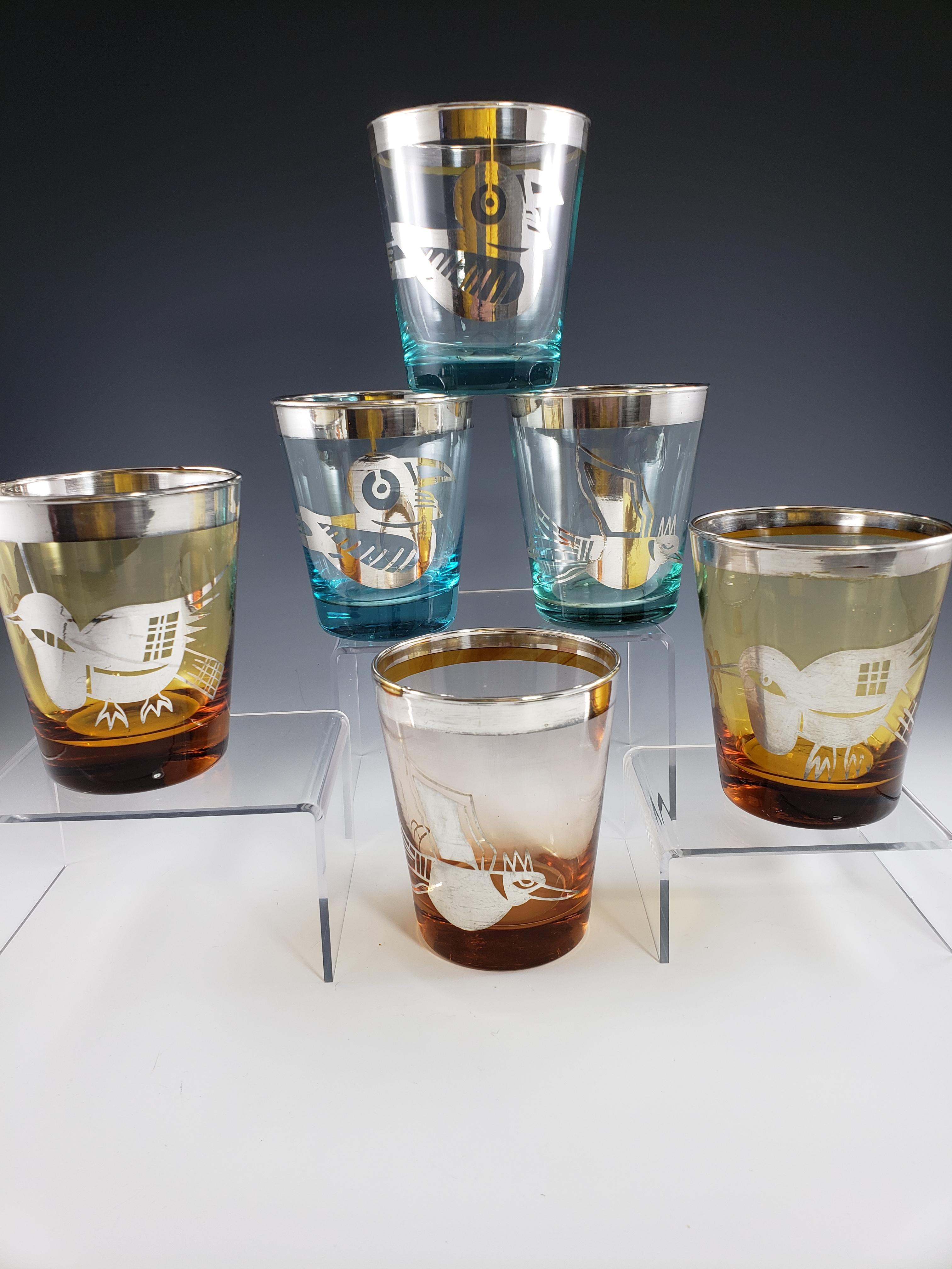 Silver Overlay Set 6 Rocks Glasses South American Style w Birds Aqua ...