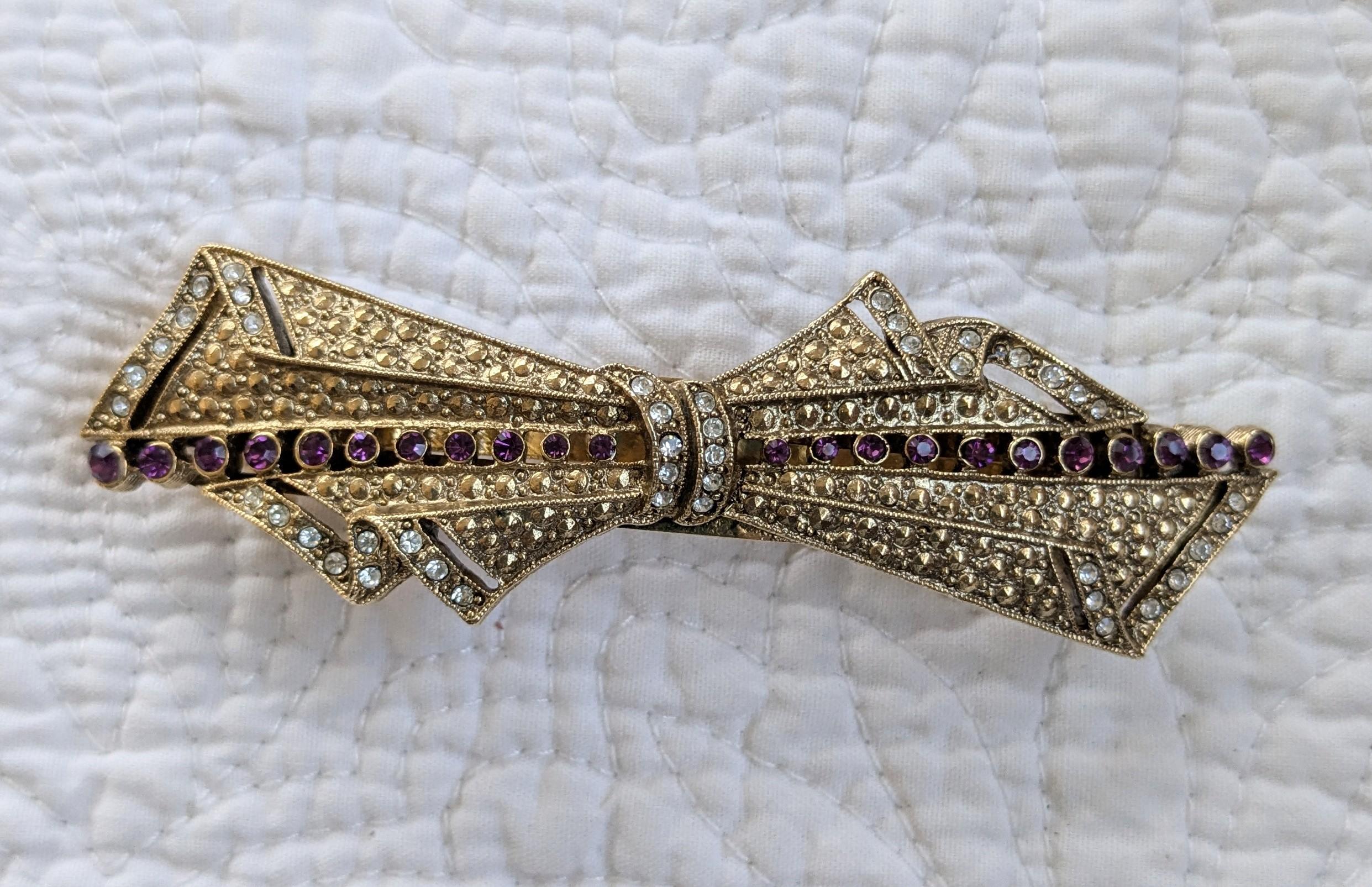 Vintage French Barrette with Purple and Clear Rhinestones