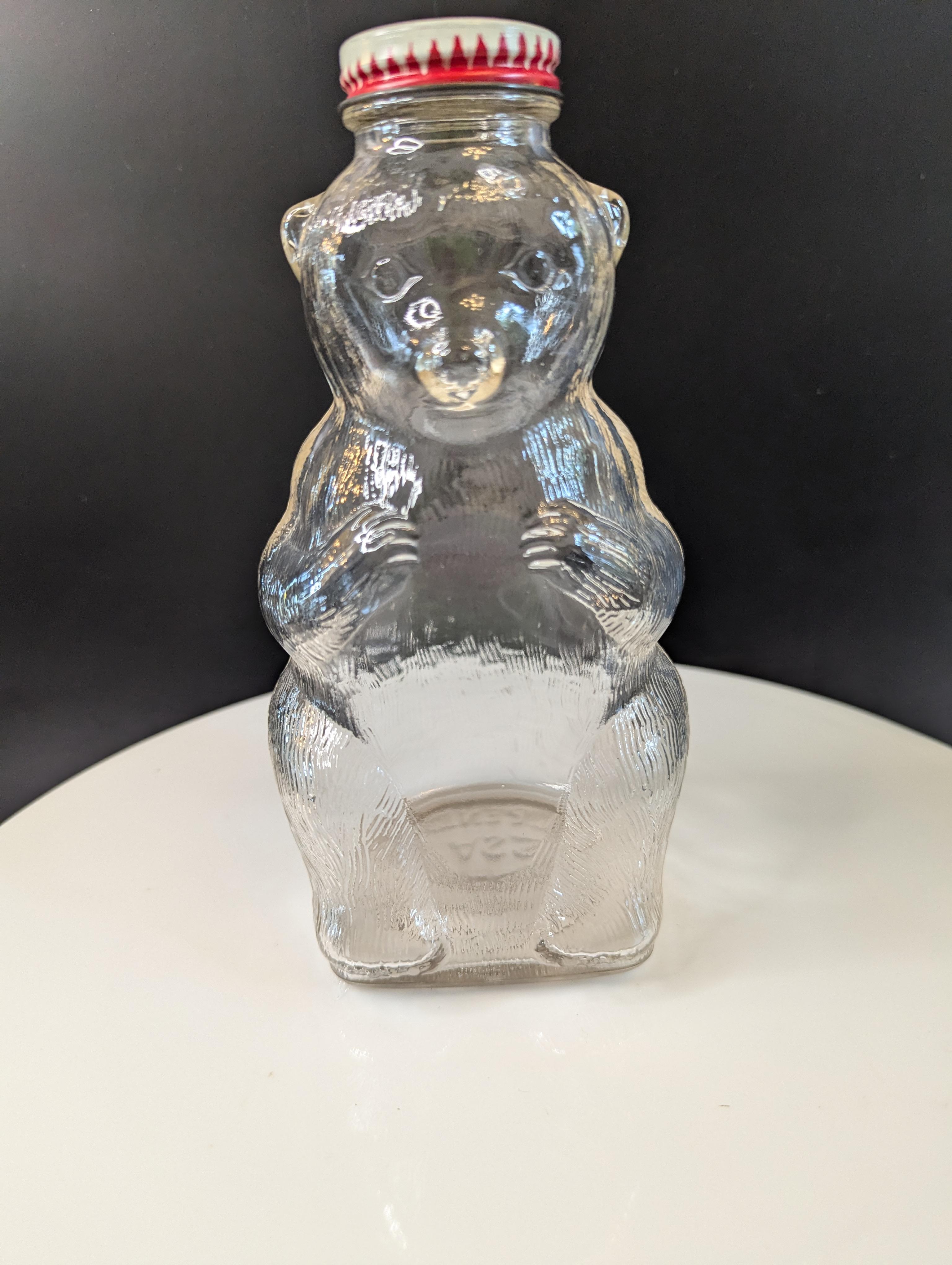 Vintage Clear Glass Bear Jar/Bank with Red Lid