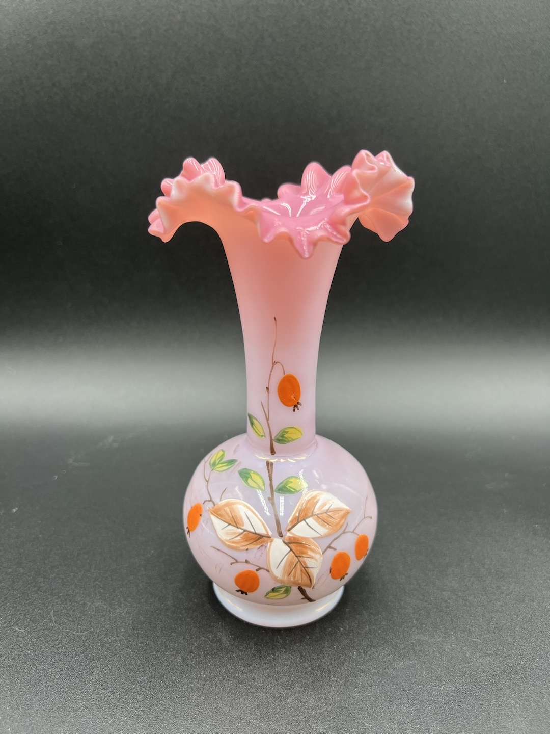 Antique Venetian Opaline Ruffle Top Pink Hand Blown and Painted Vase 6.25”