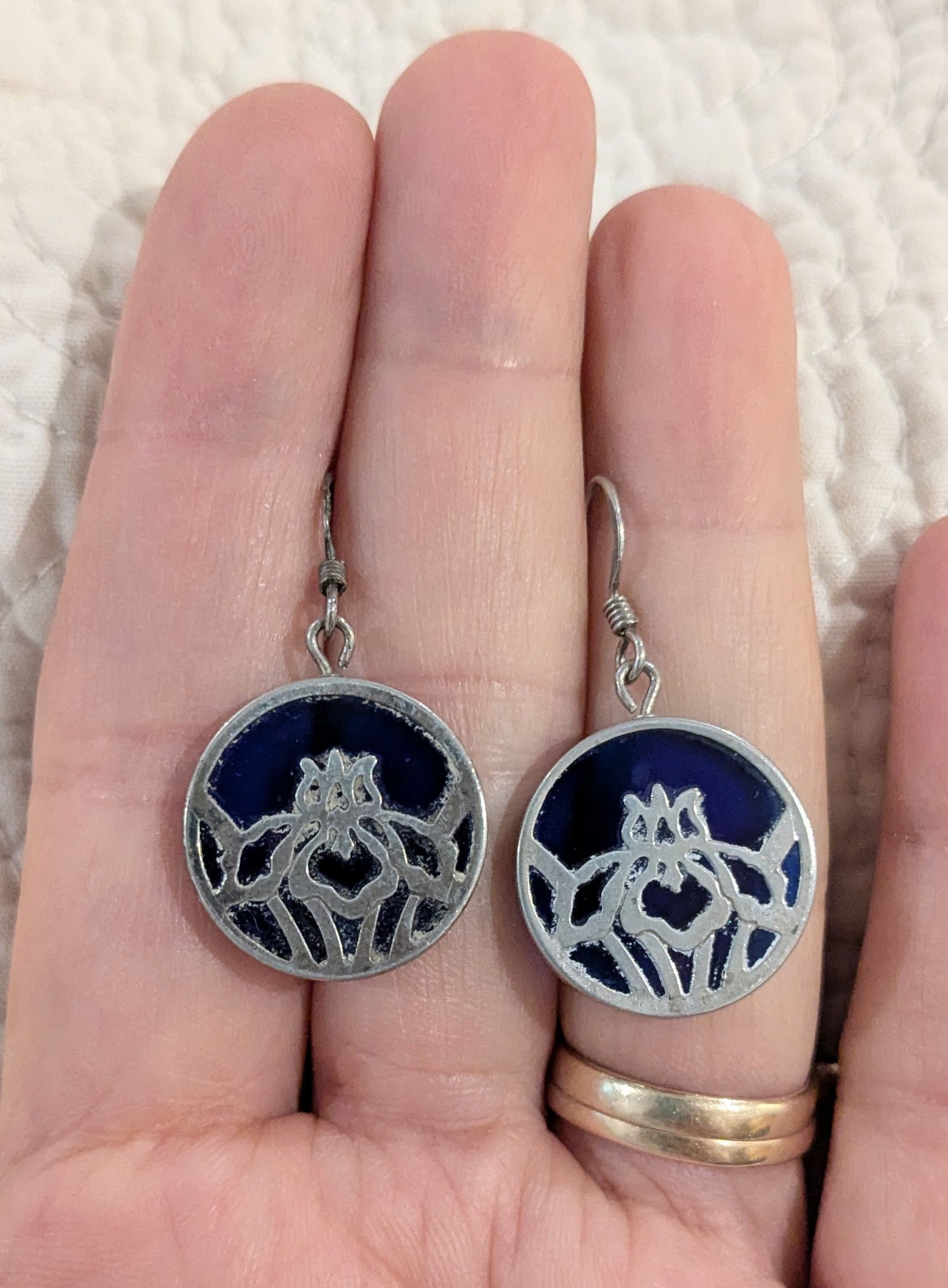 Vintage Circular Sterling Silver Floral Pierced Earrings with Cobalt ...