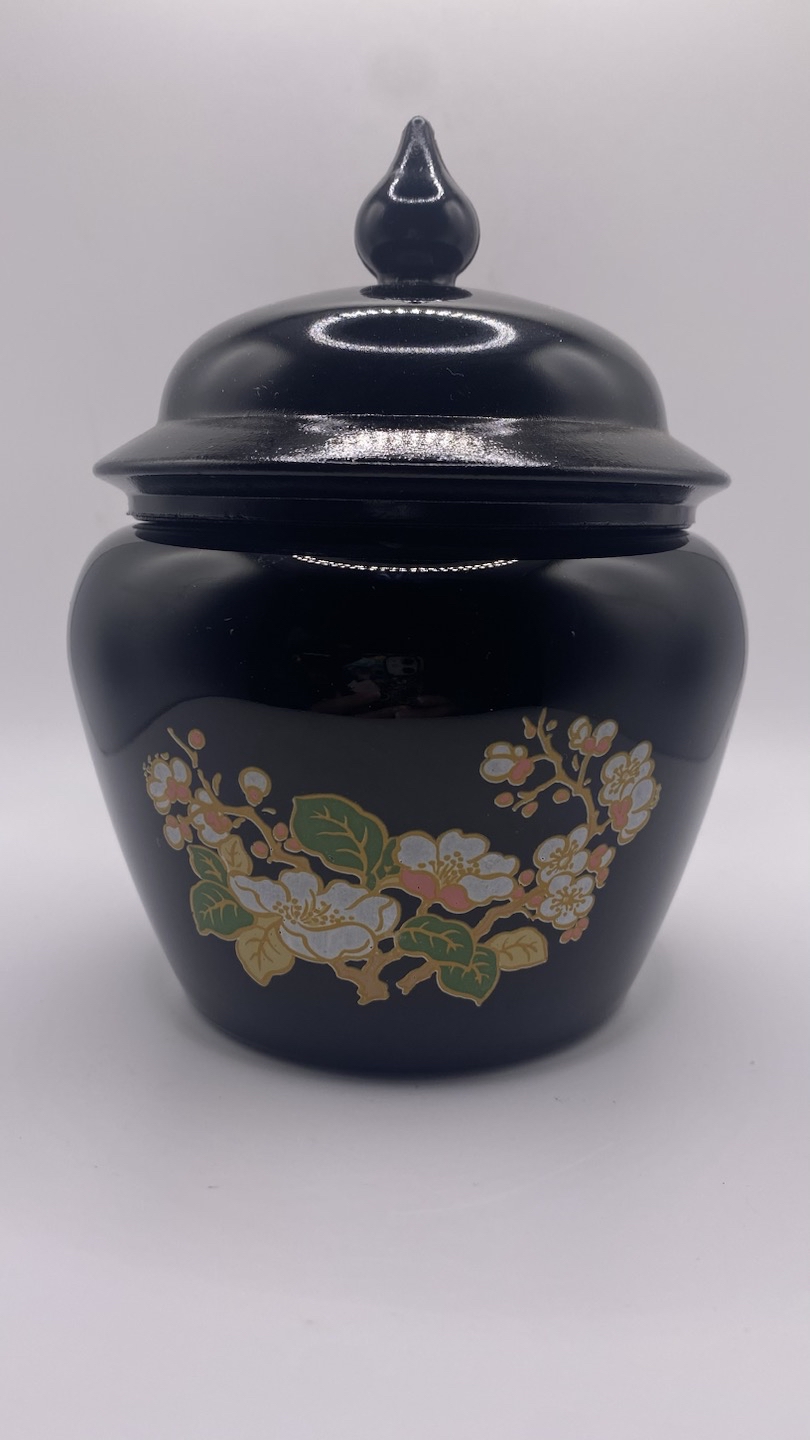 345. 1970’s AVON Black Ginger Jar With Lid - Has Floral Design On Front ...