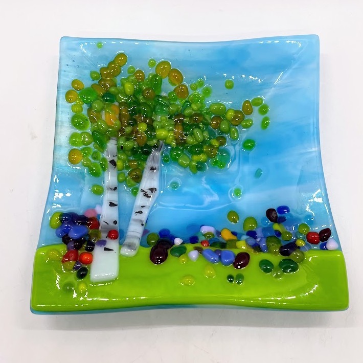 Fused Art Glass Aspen Tree Forest Meadow Wildflowers 4.5" Trinket ...