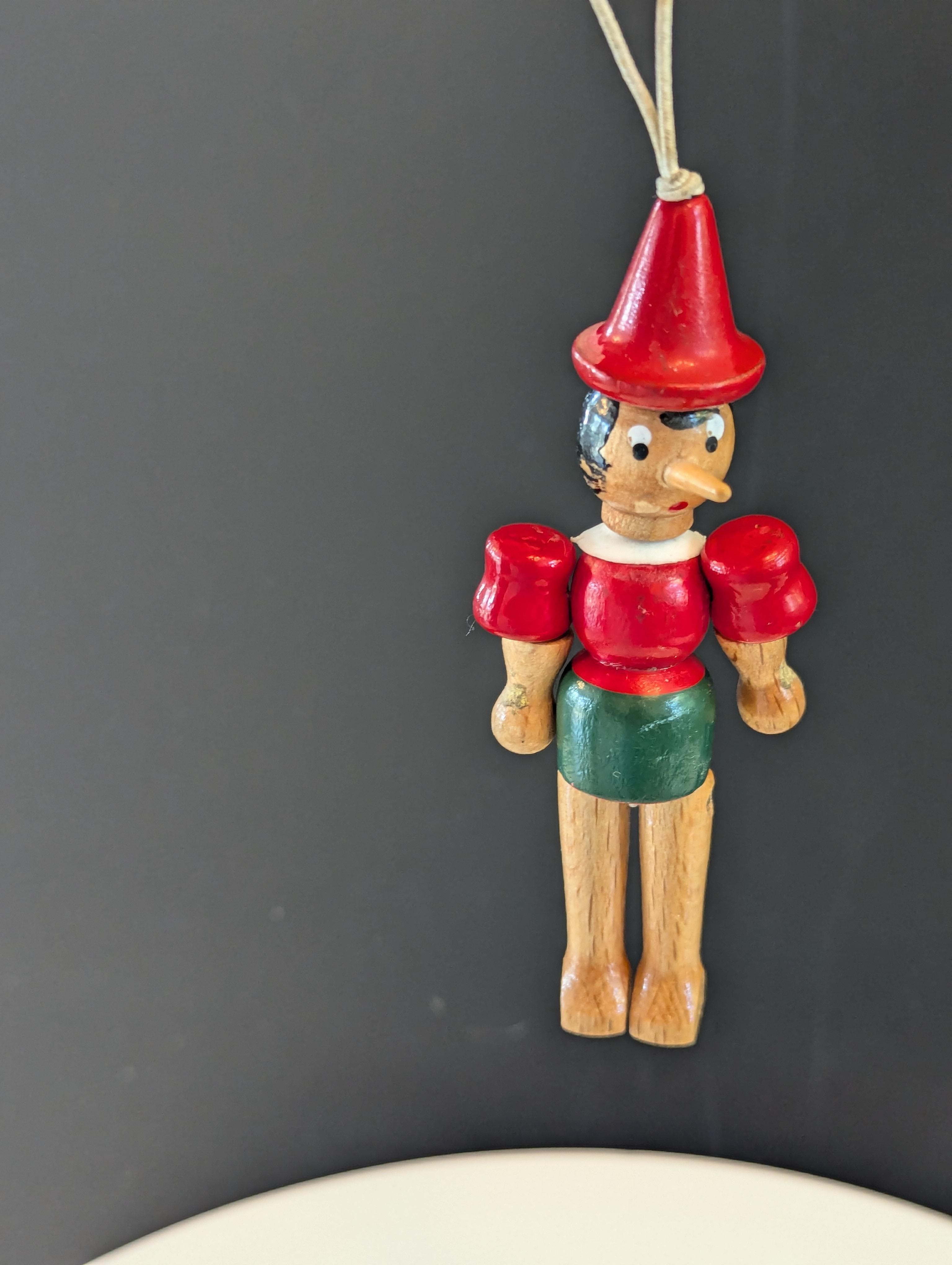 Vintage Wooden Pinocchio Ornament, Handcrafted Whimsical Decor