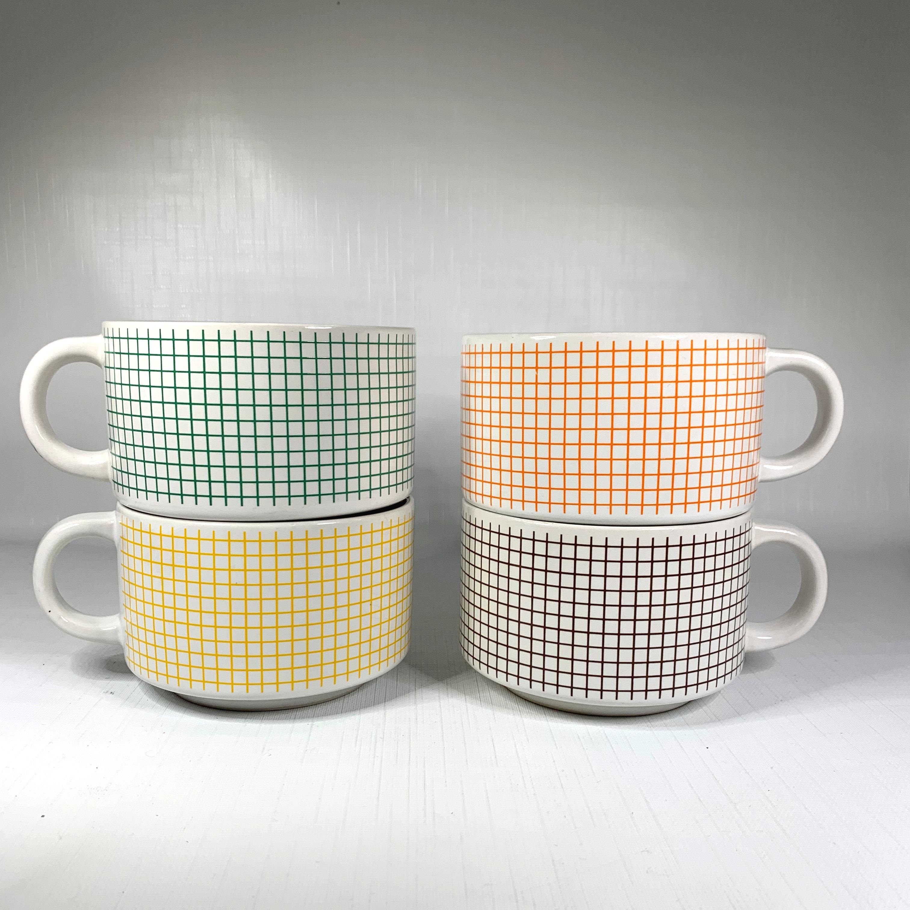 Stoneware Soup Mugs Plaid Check 16 Oz Chili Orange Green Yellow Set 4 ...