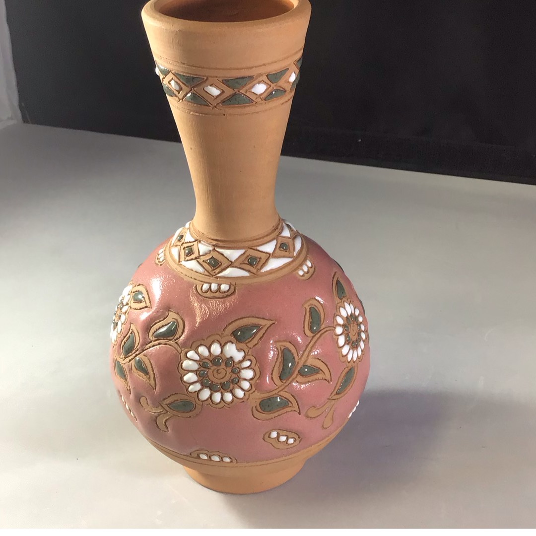 Clay Glazed Inside Vase With Raised Paint
