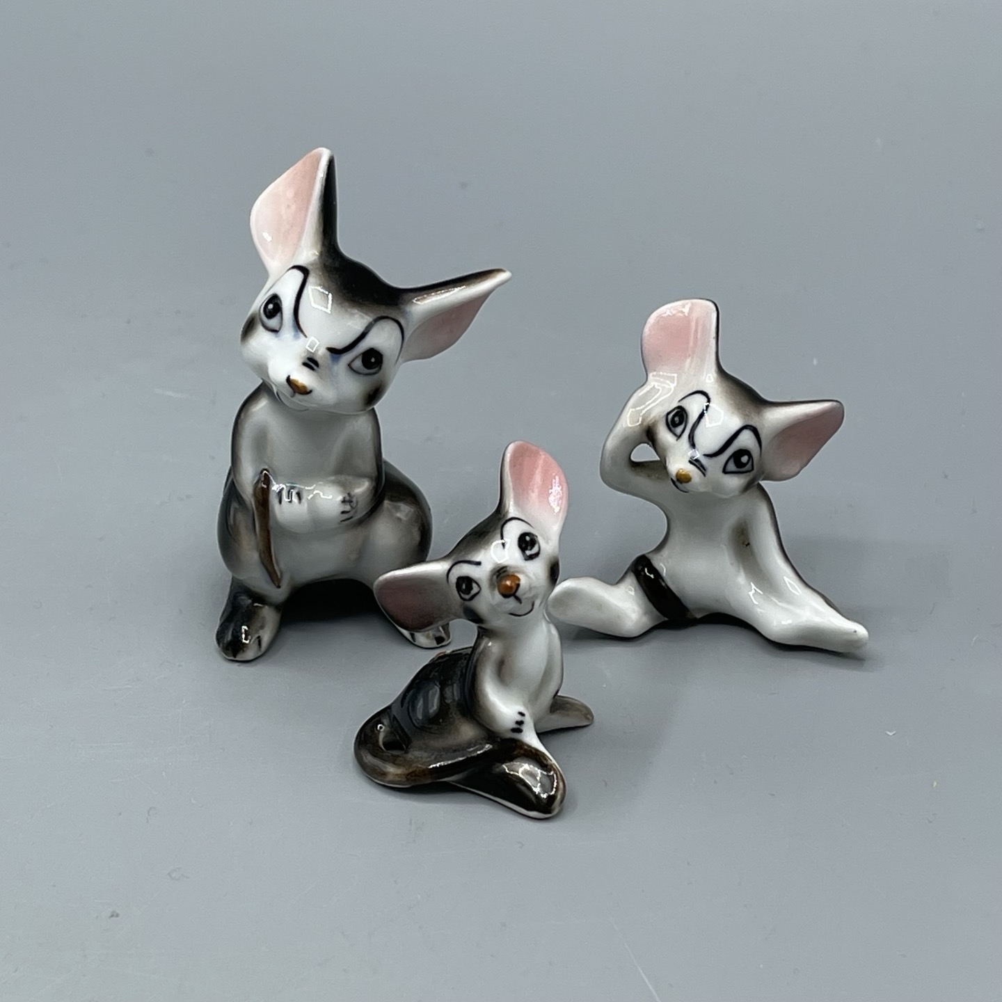 Set Of 3 Bone China Japan Mice Miniature Figurines Grumpy Angry Eyebrows