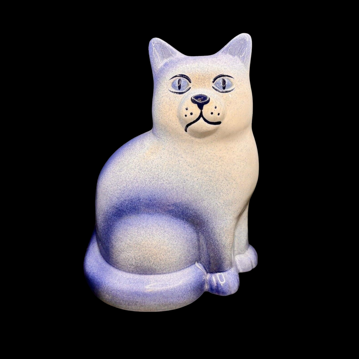 Blue and White Ceramic Cat Statue Speckle Figurine 9 inches Tall