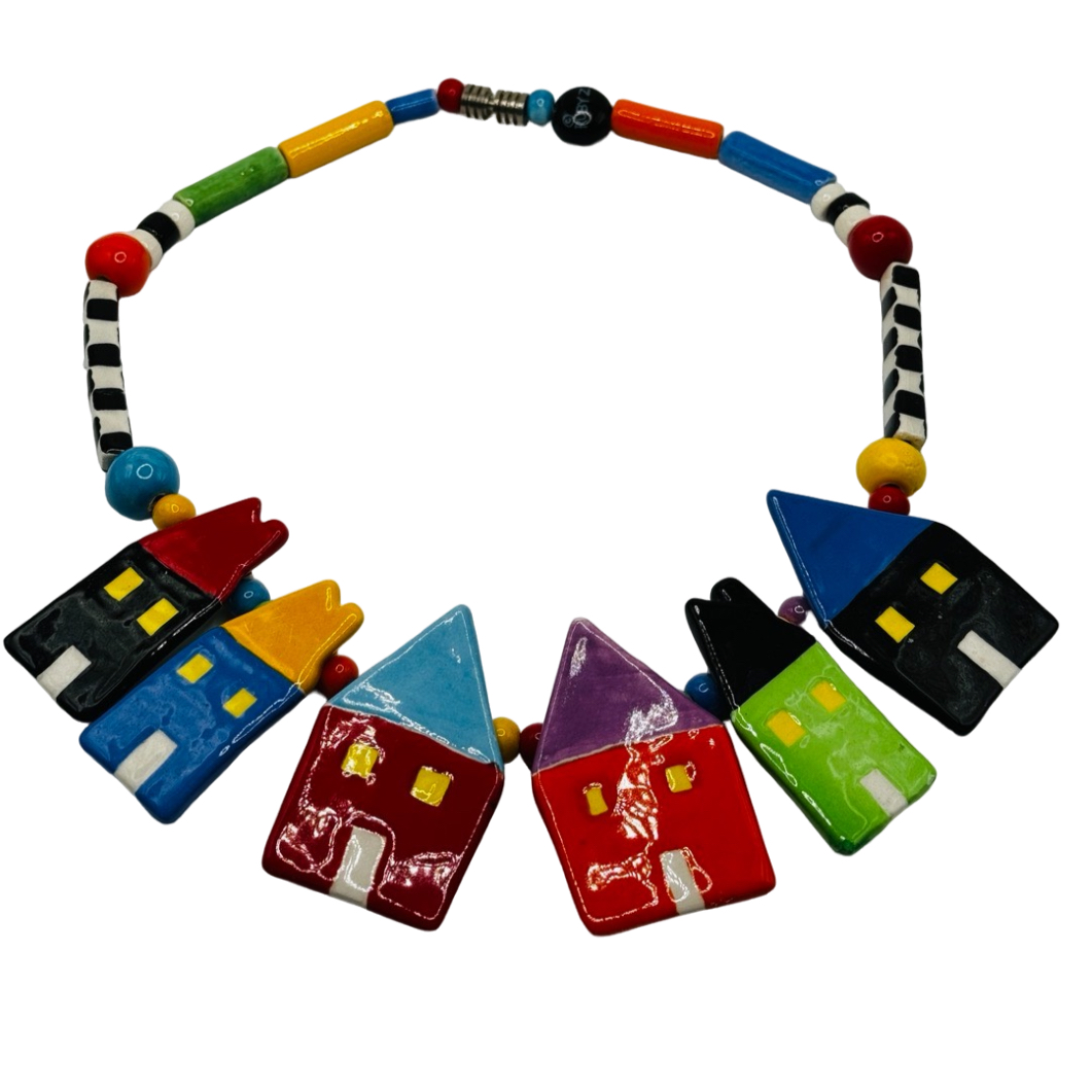 Ruby Z Multi Color House Neighborhood Necklace Ceramic Signed 12"
