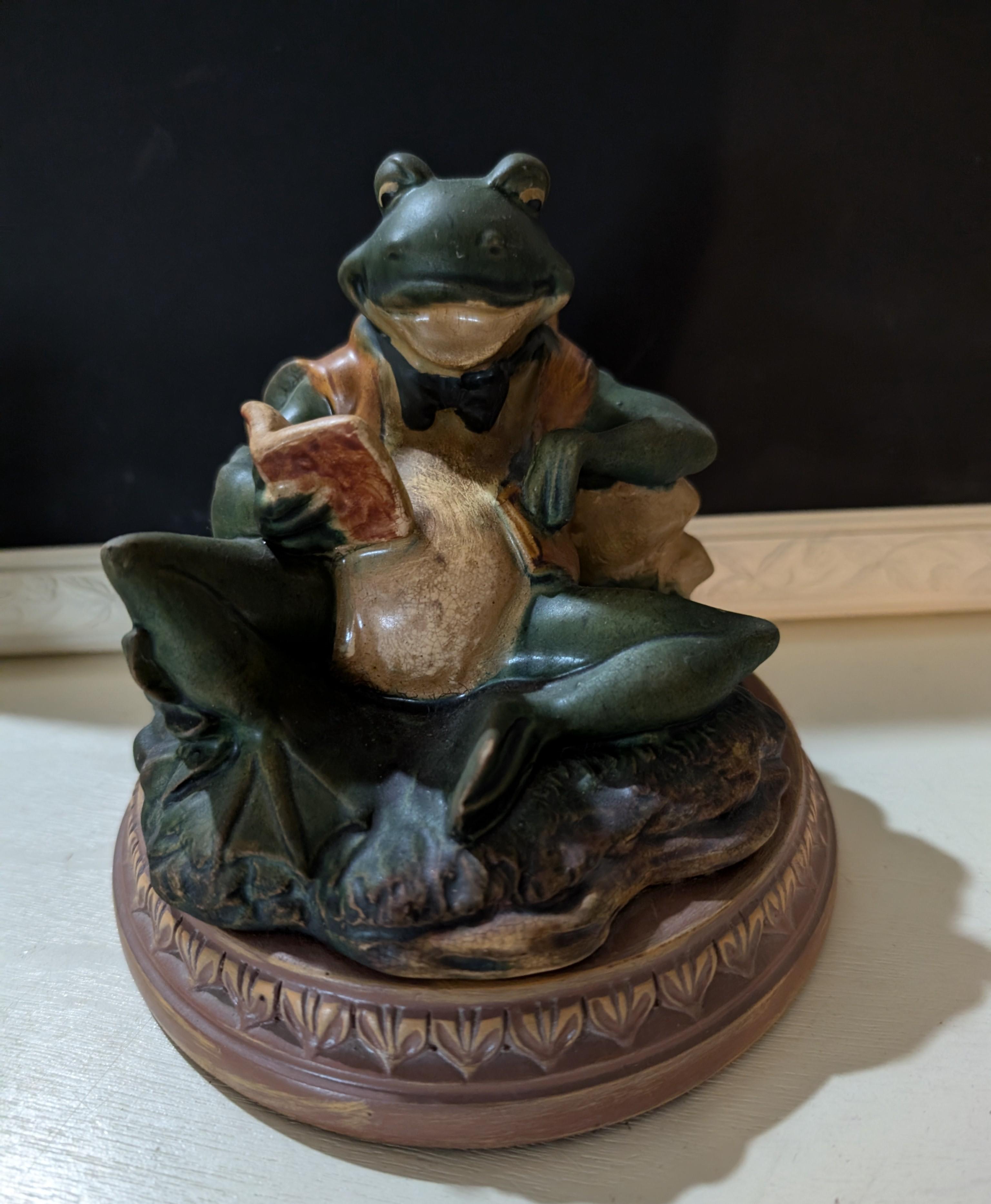 Vintage Frog Figurine Reading a Book Resin Desk Art