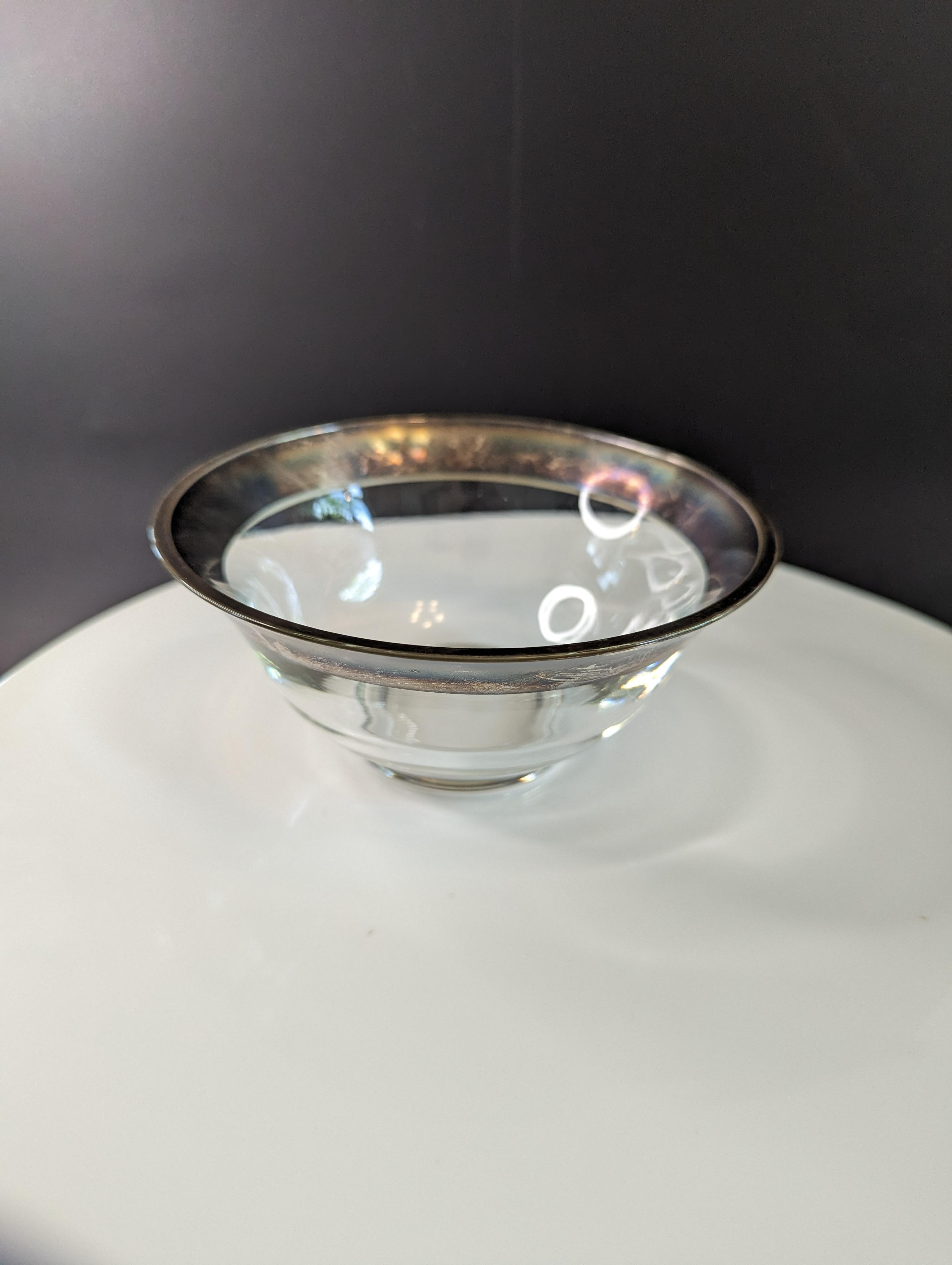 Vintage Glass Bowl with Silver Rim, Elegant Tableware