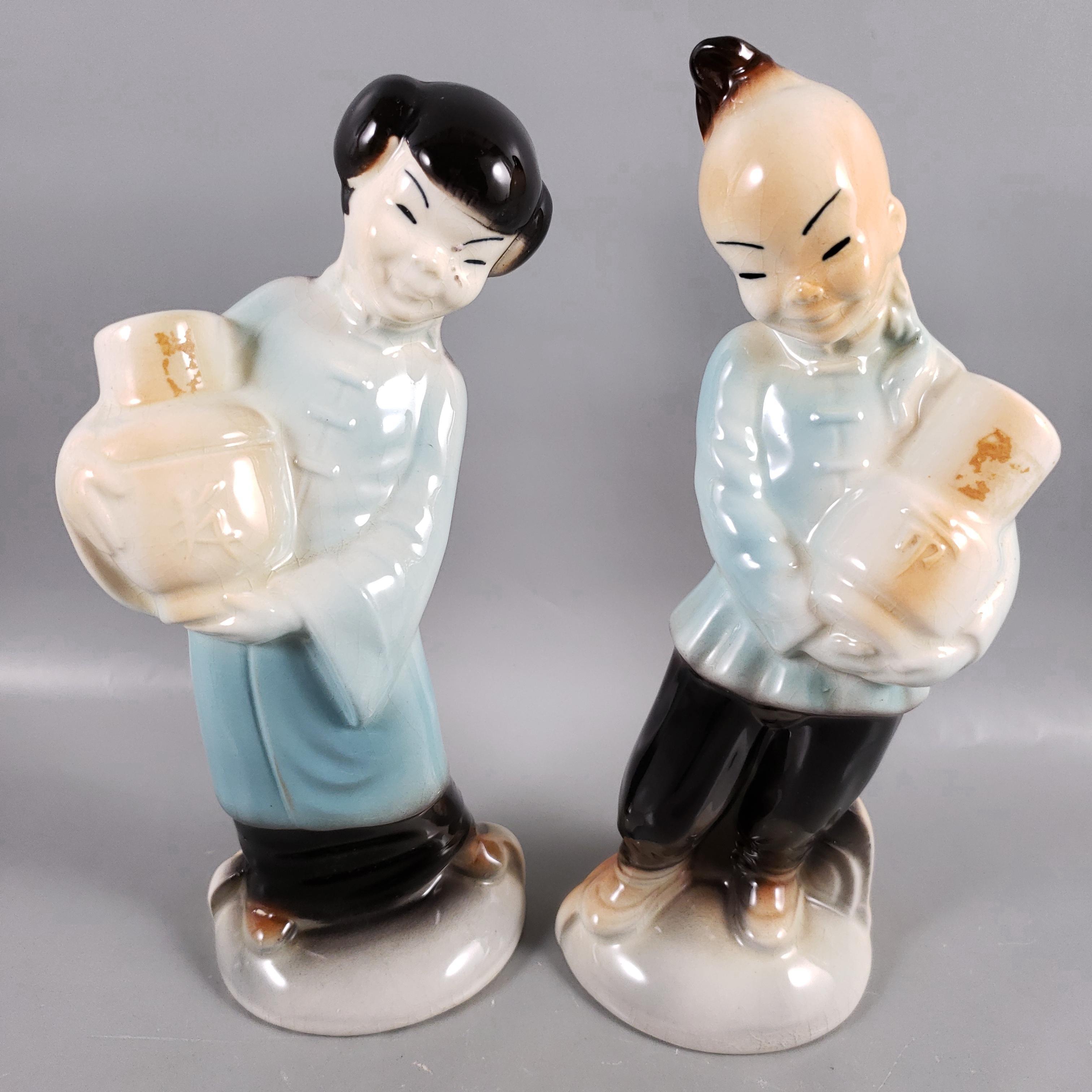 Vintage ROYAL COPLEY Pottery ORIENTAL BOY GIRL Blue Ceramic Figurine SET