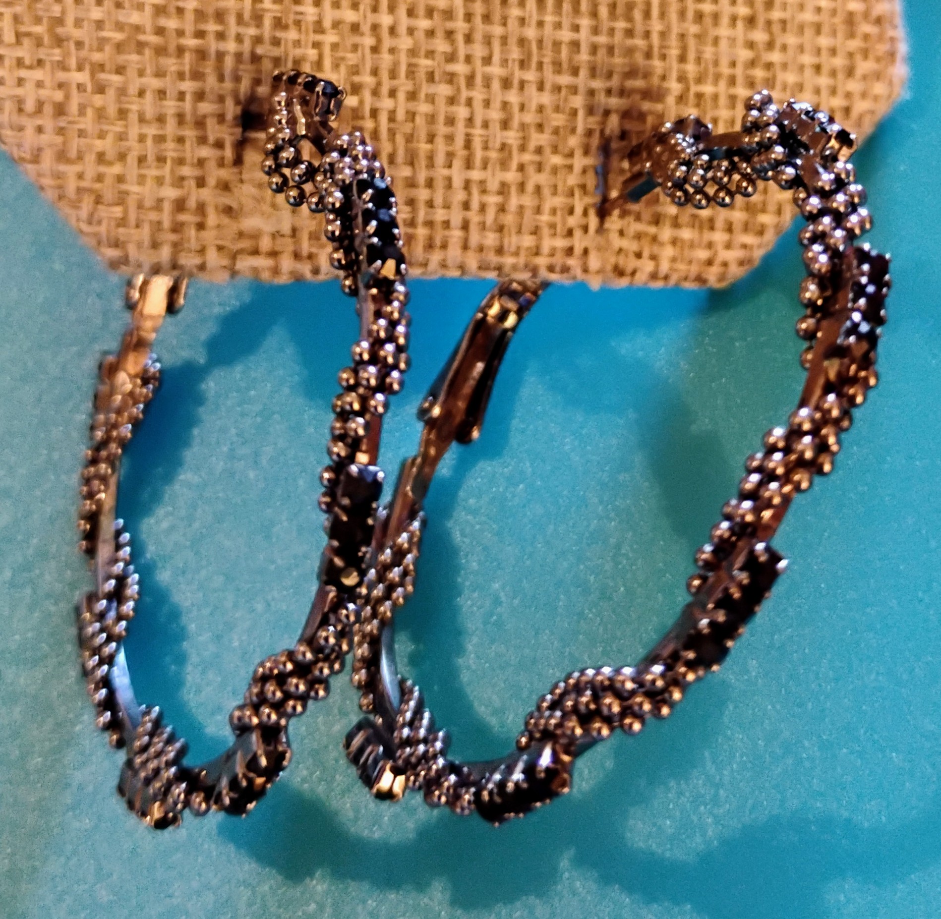 Silver and Black Hoops, 2inch, Omega Back, Black rhinestones with ...