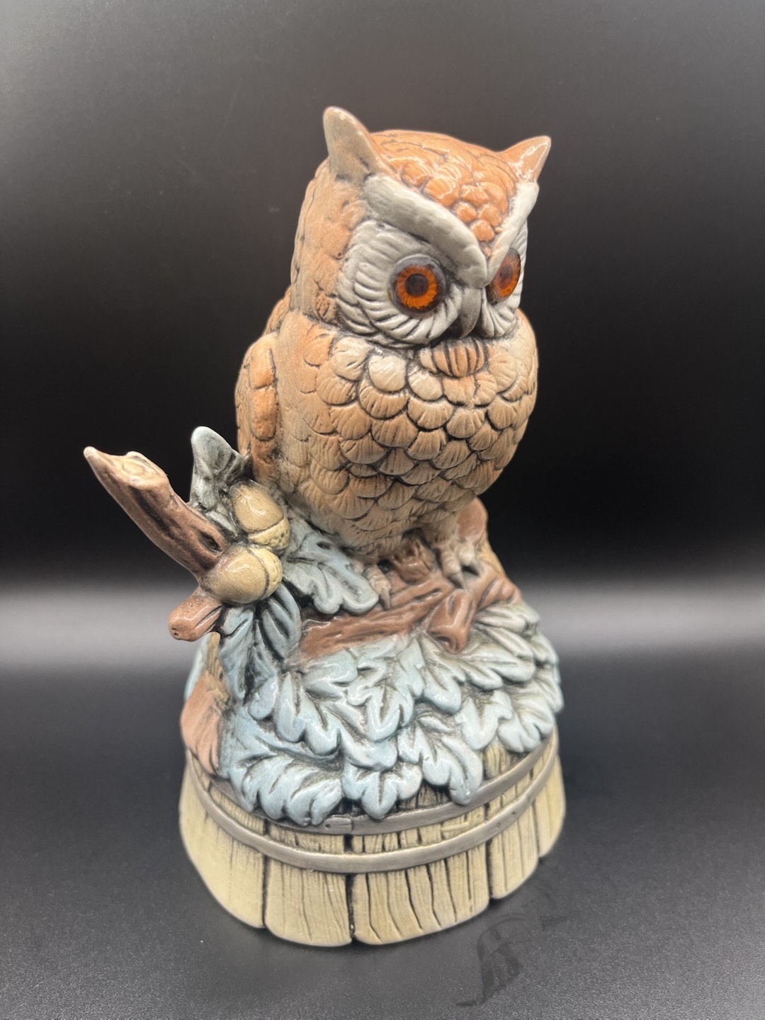 Vintage Ceramic Horned Owl On Log Leaves Acorns