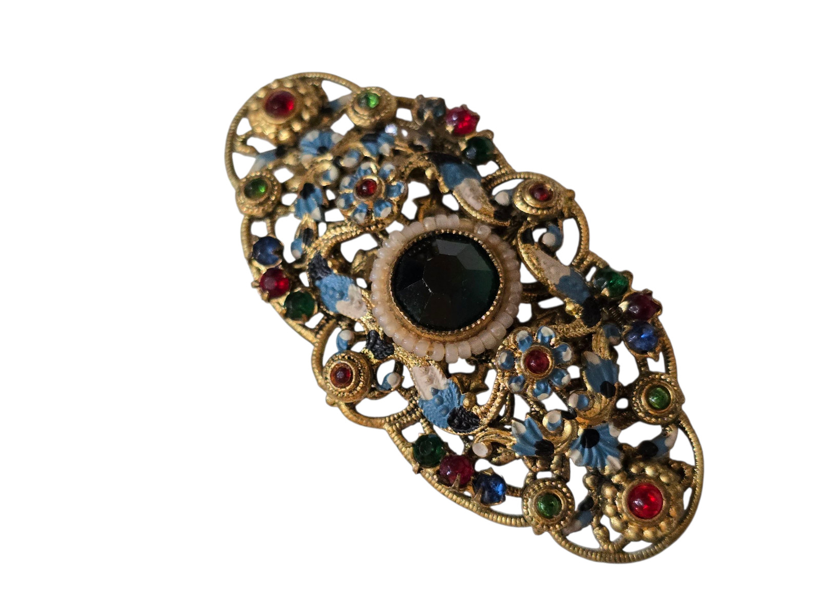 Antique Exceptional Czech Enamel Brass & Stone Brooch (A9015)