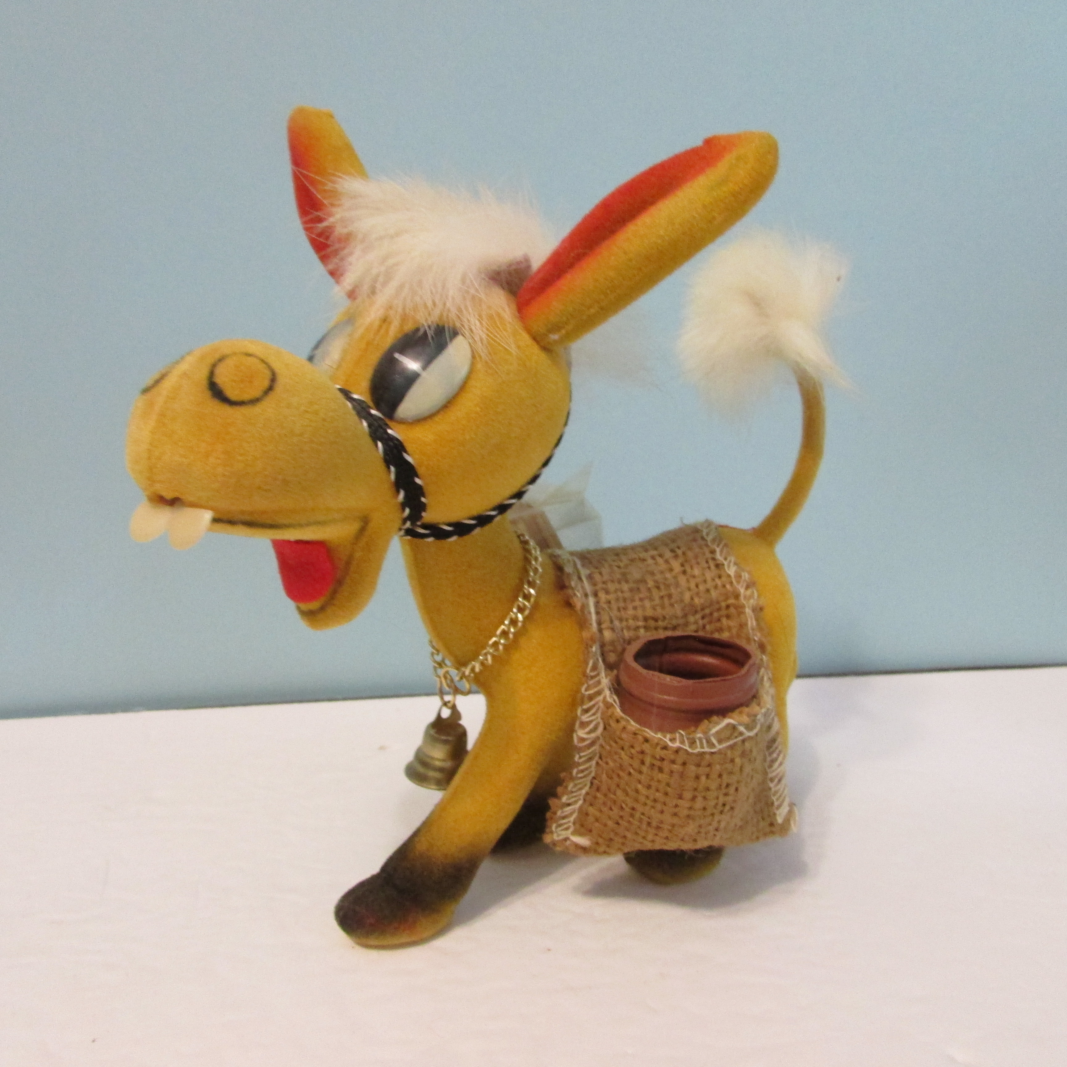 vintage mustard yellow flocked donkey toothpick holder