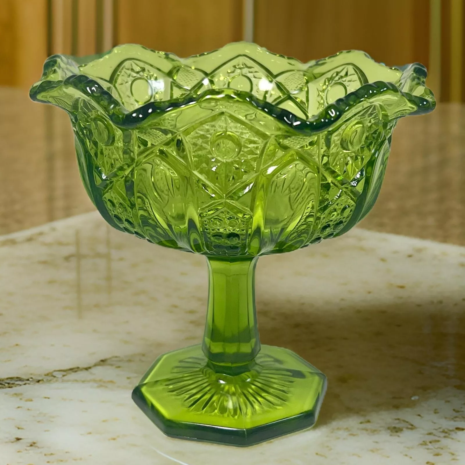 Vintage LE Smith Glass Quintec Green Glass Compote Candy Bowl Footed