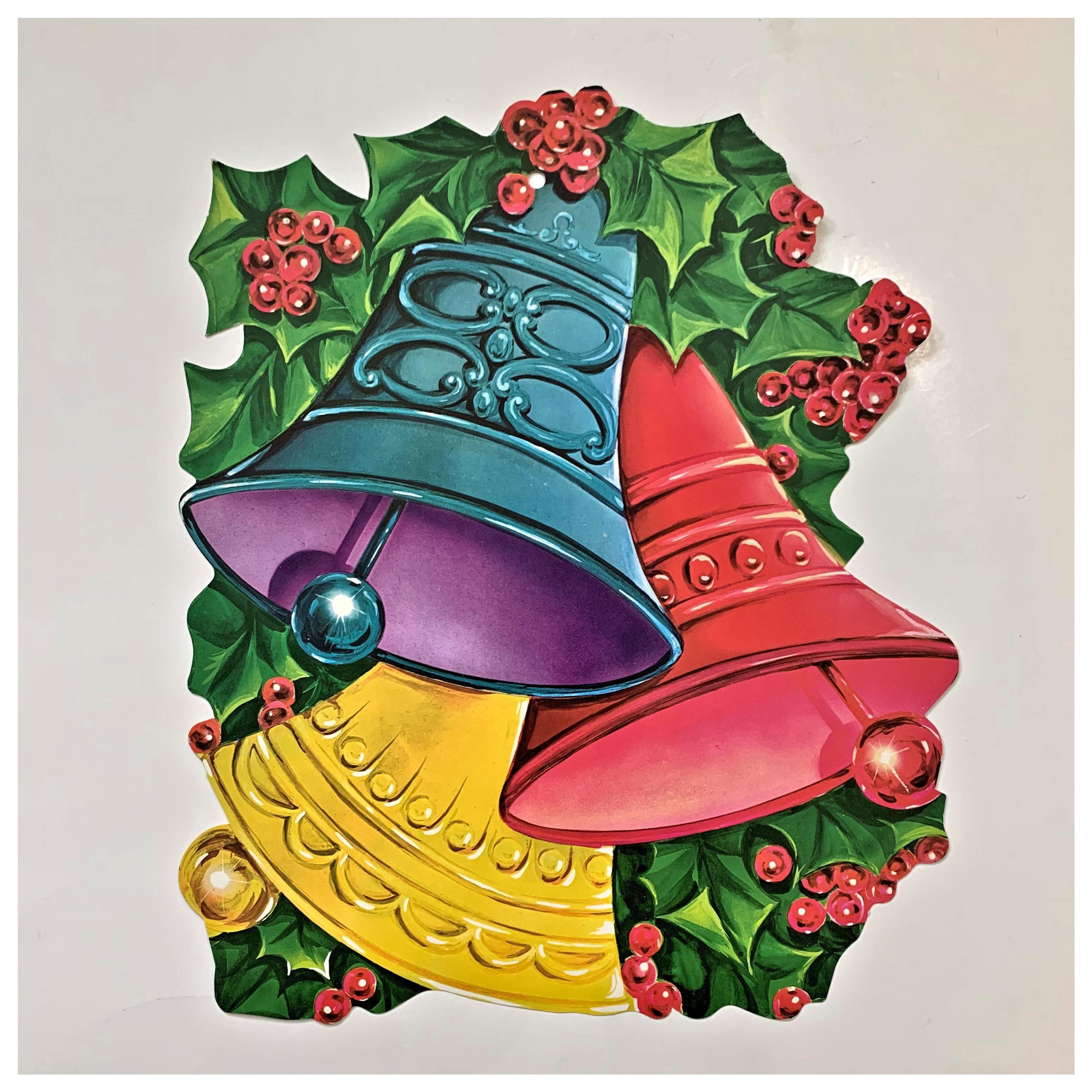 Die Cut Christmas Bells Holly Holiday Cardboard Double Sided Reversible ...