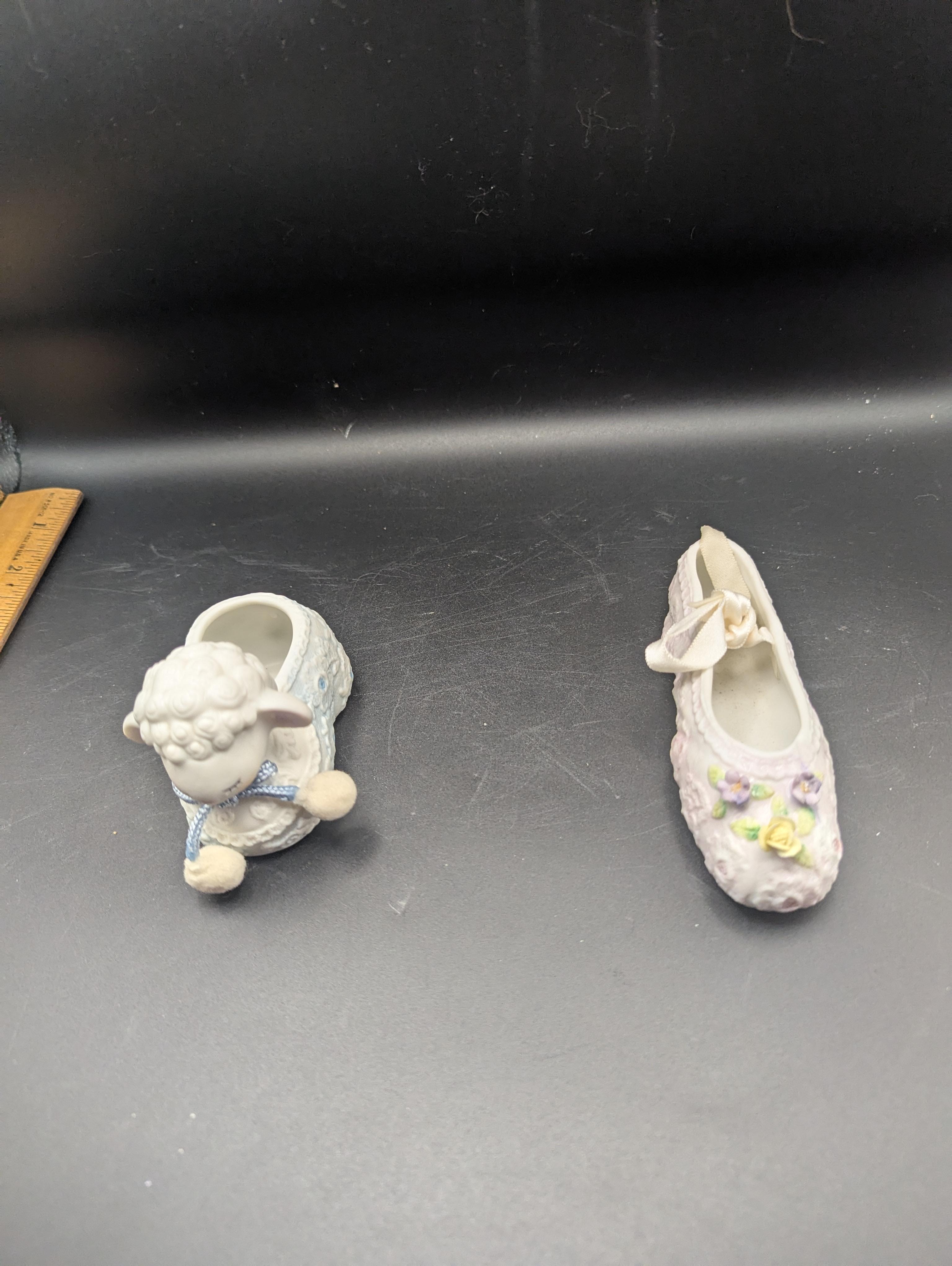 Vintage Enesco Ceramic 1983 Lamb and Floral Ballet Shoe Figurines