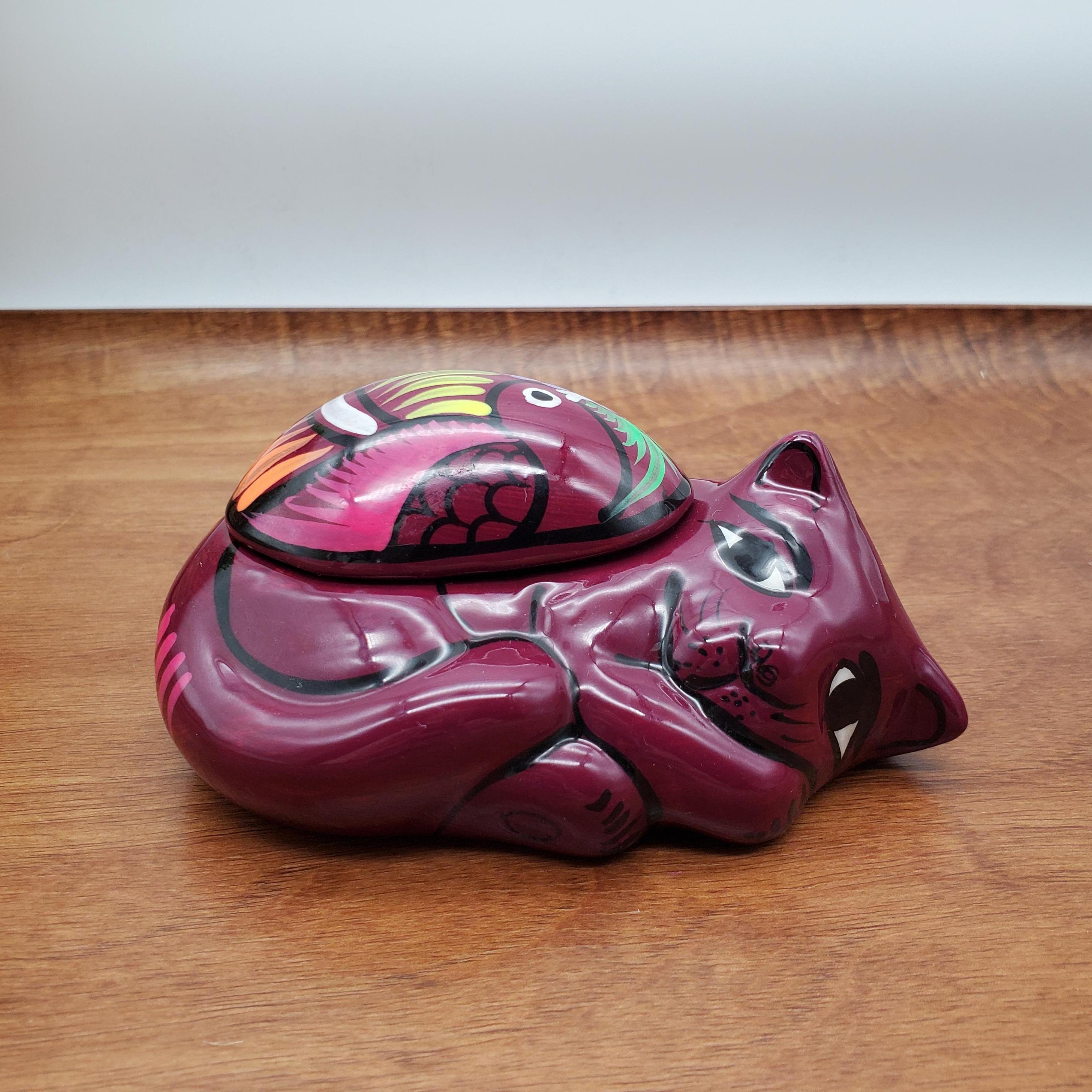 Hand Painted Mexican Talavera Pottery Cat Trinket Box Flowers and Bird ...