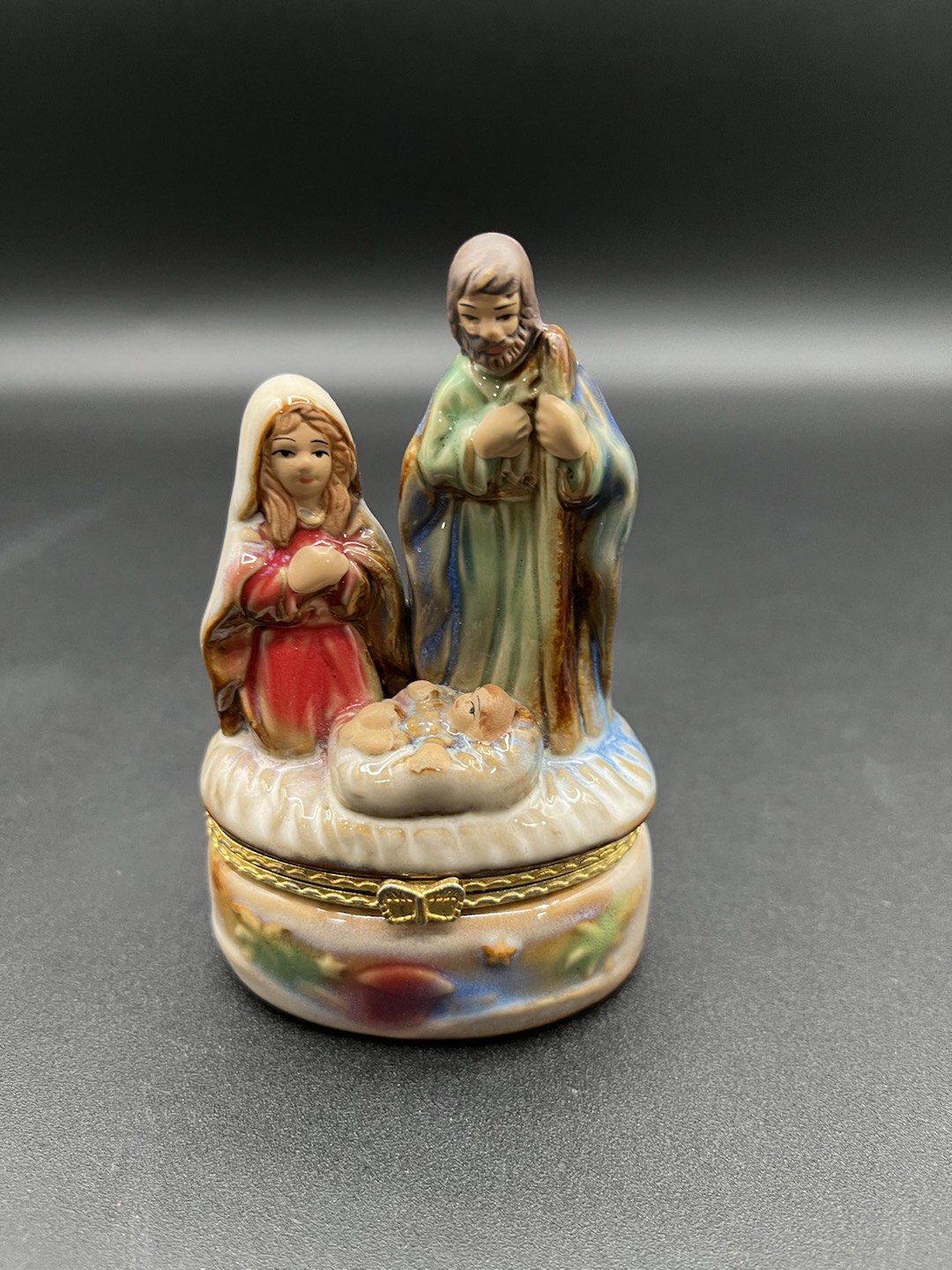 Ceramic Holy Family Lidded Hinged Trinket Box 3”