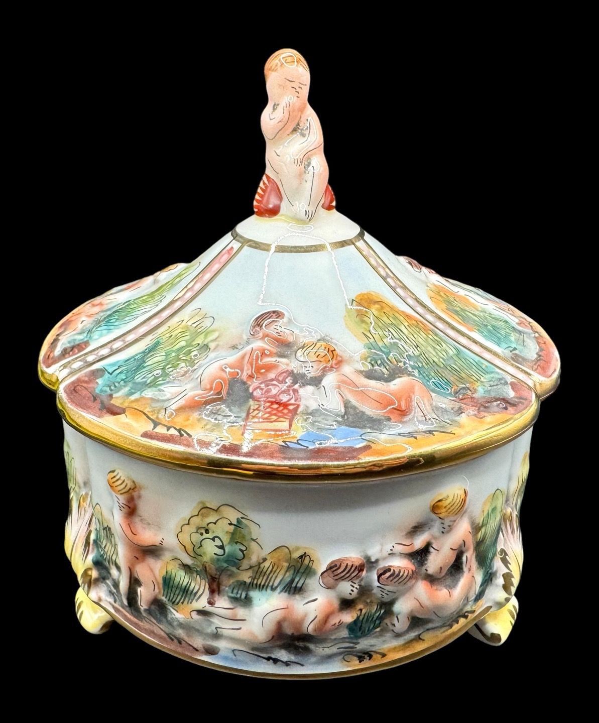 Vintage Capodimonte Cherub Footed Lidded Bowl Candy Dish Vanity Italy