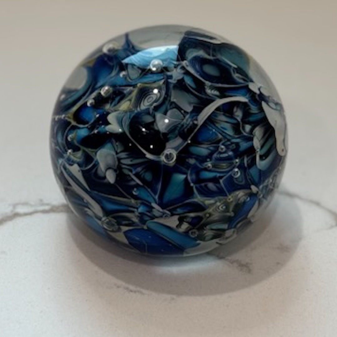 Art Glass Blue Abstract Paperweight With Controlled Bubbles 2.5” Tall