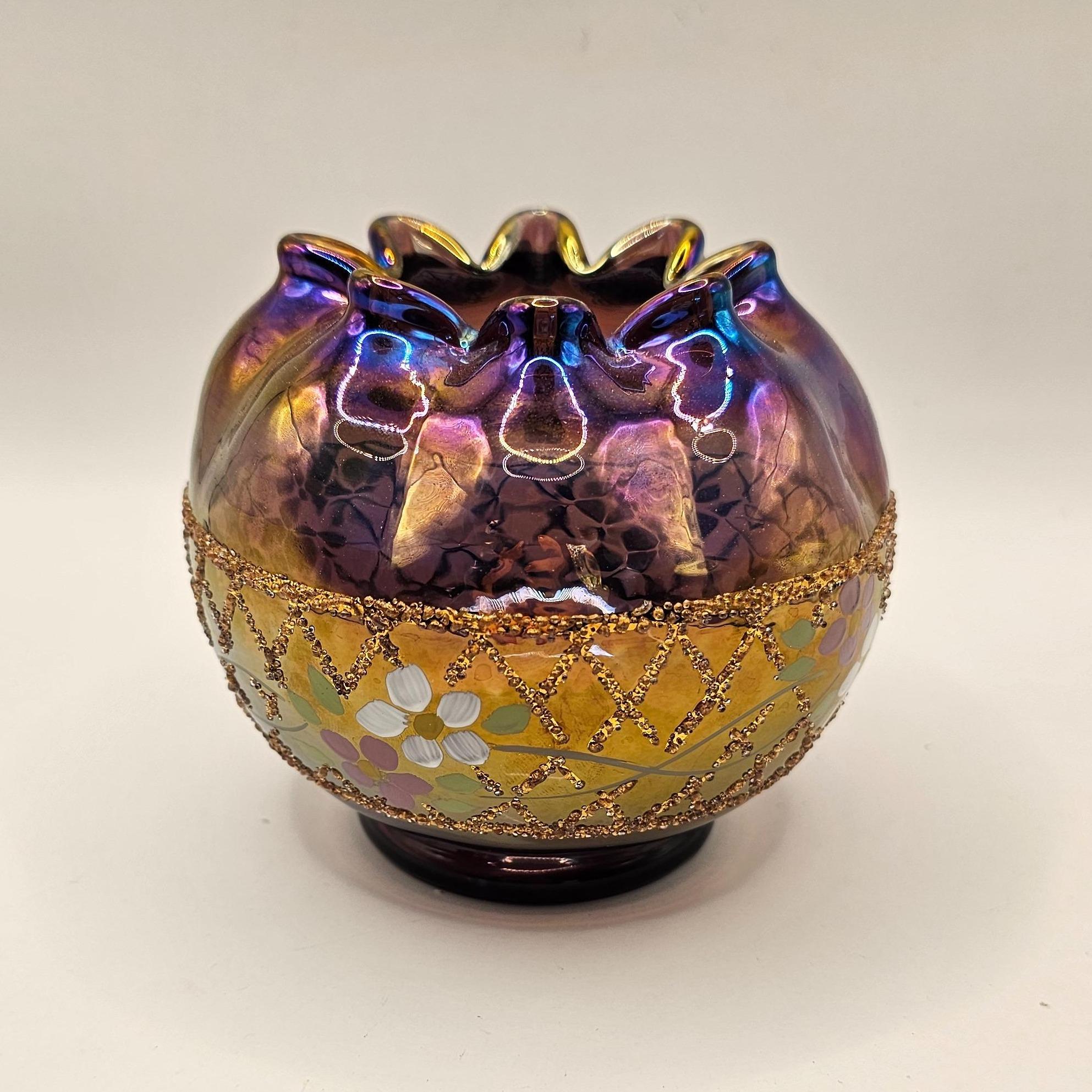# 14. Fenton Plum Amethyst Carnival Hand Painted / Signed Art Glass Bowl