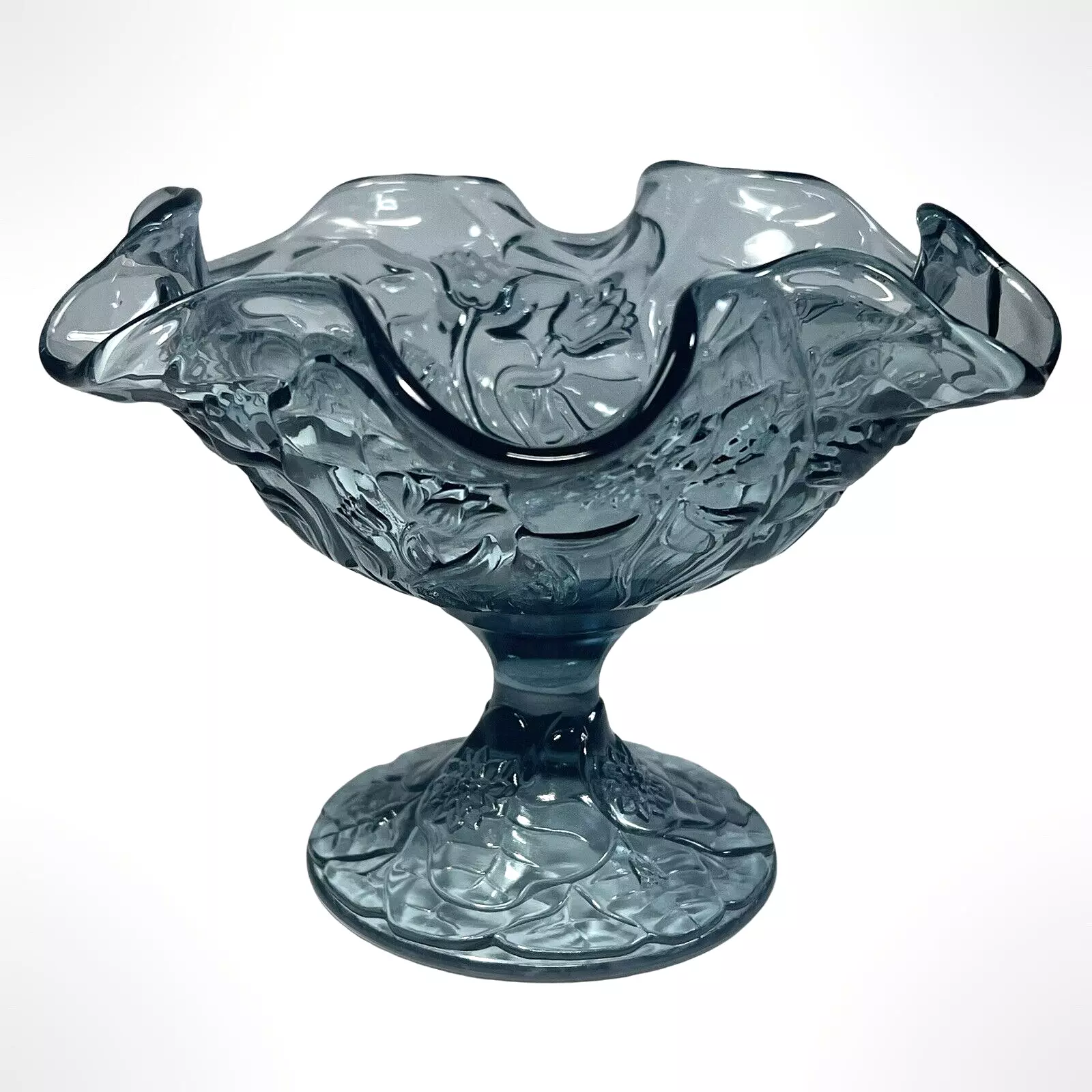Vintage Fenton Water Lily Smokey Blue Footed Compote Bowl Ruffled Edge ...