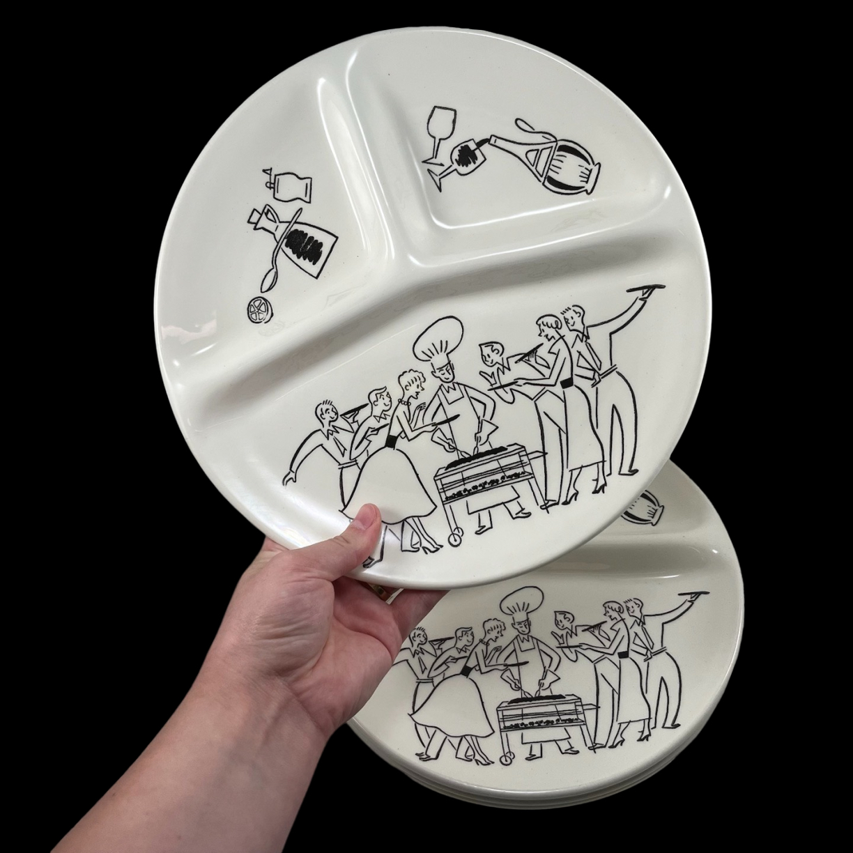 Set Of 4 Ceramic MCM Divided Grill Plates, MCM Illustrated Cookout ...