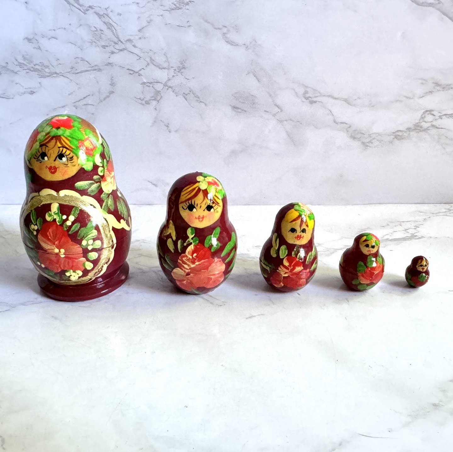 Small Vintage Set of 5 Matryoshka Russian Nesting Dolls Maroon