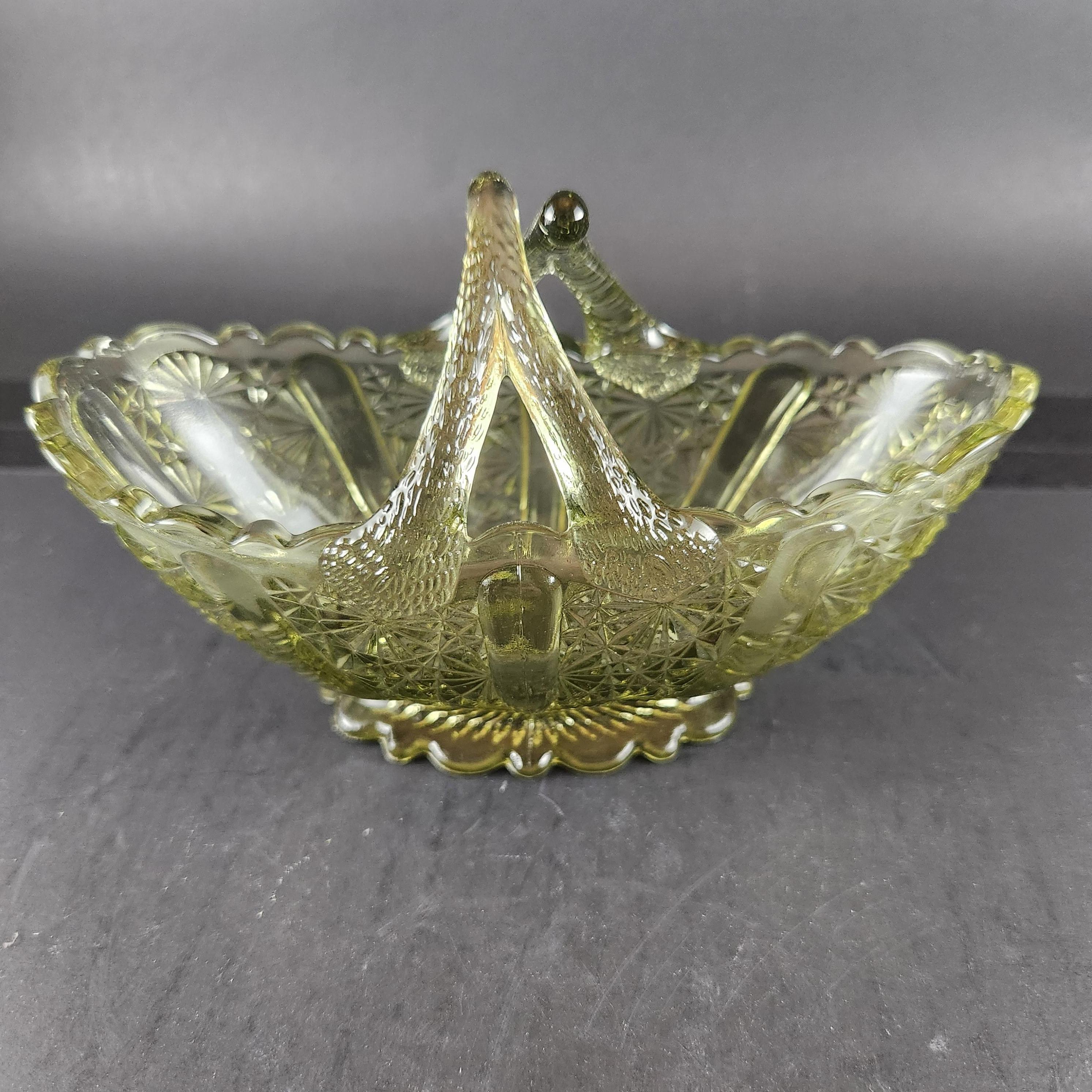 Fenton Art Glass Colonial Green Daisy & Button Split Twig Handle Basket