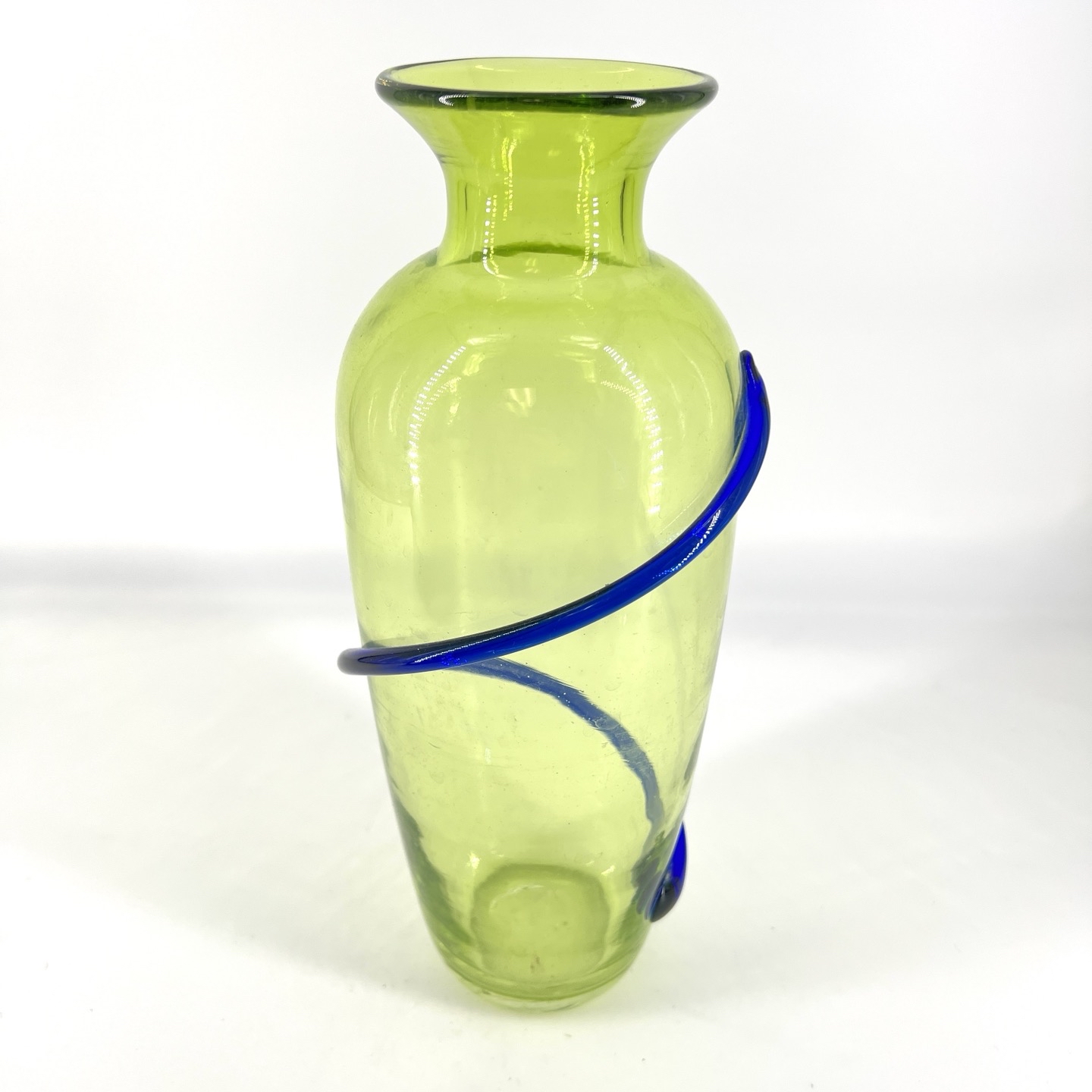 Blenko Kiwi Green Art Glass Blue Swirl Vase