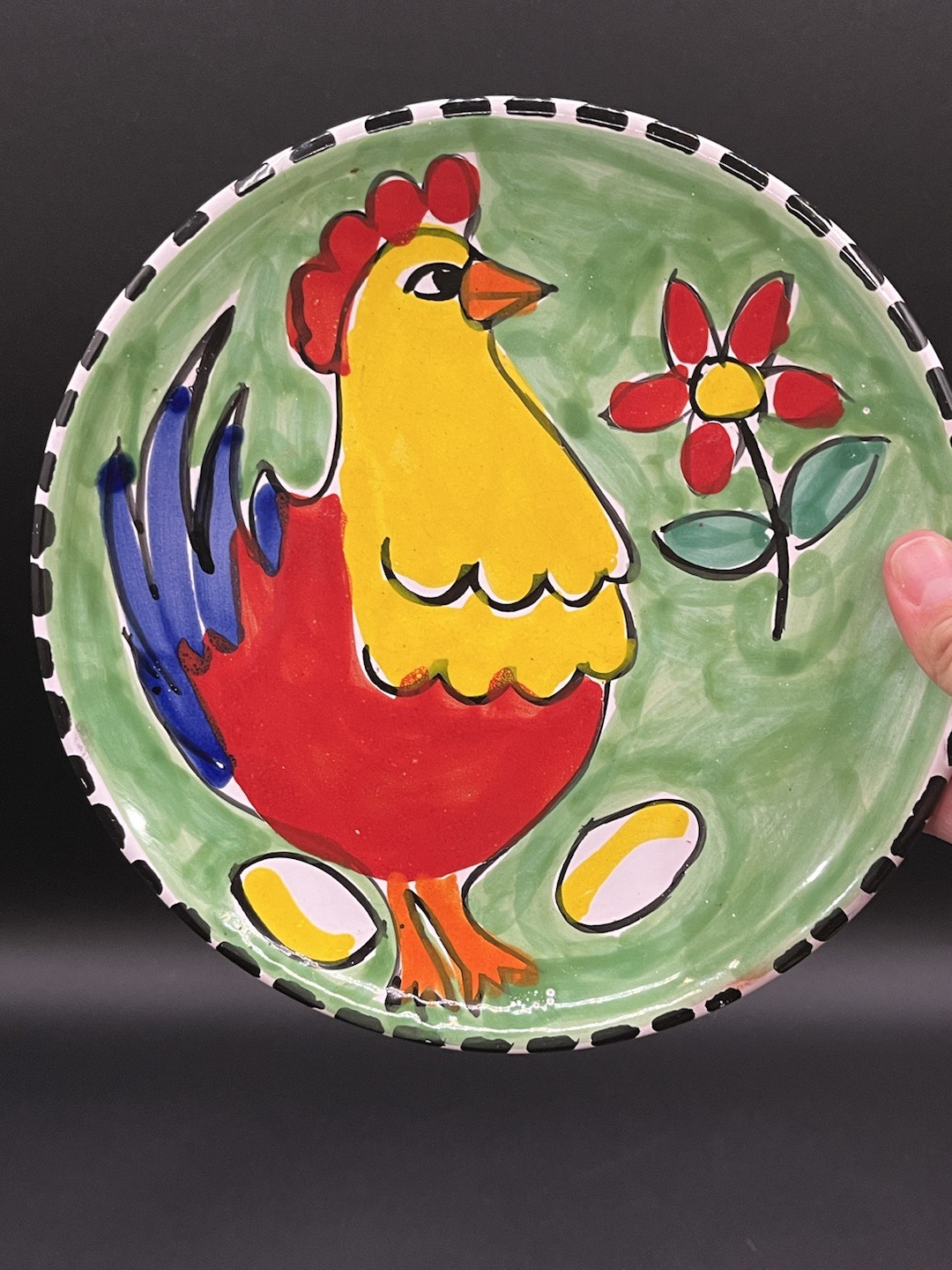 #17 Italian Multicolor Chicken With Eggs Art Pottery Plate 🥚 8”