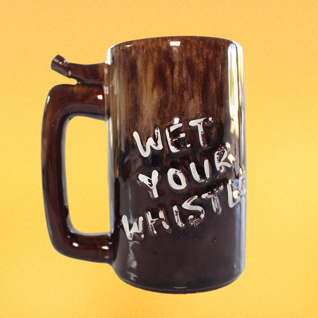Funny Wet Your Whistle Retro Brown Pottery Beer Mug, Japan, 14oz