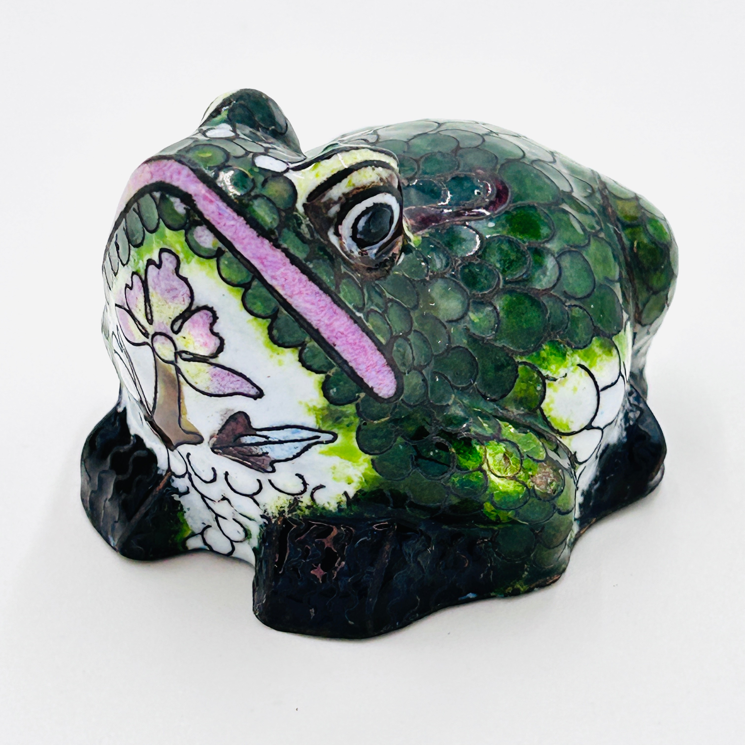 Vintage Cloisonne Frog Figurine Dark Green w/Multicolor Details