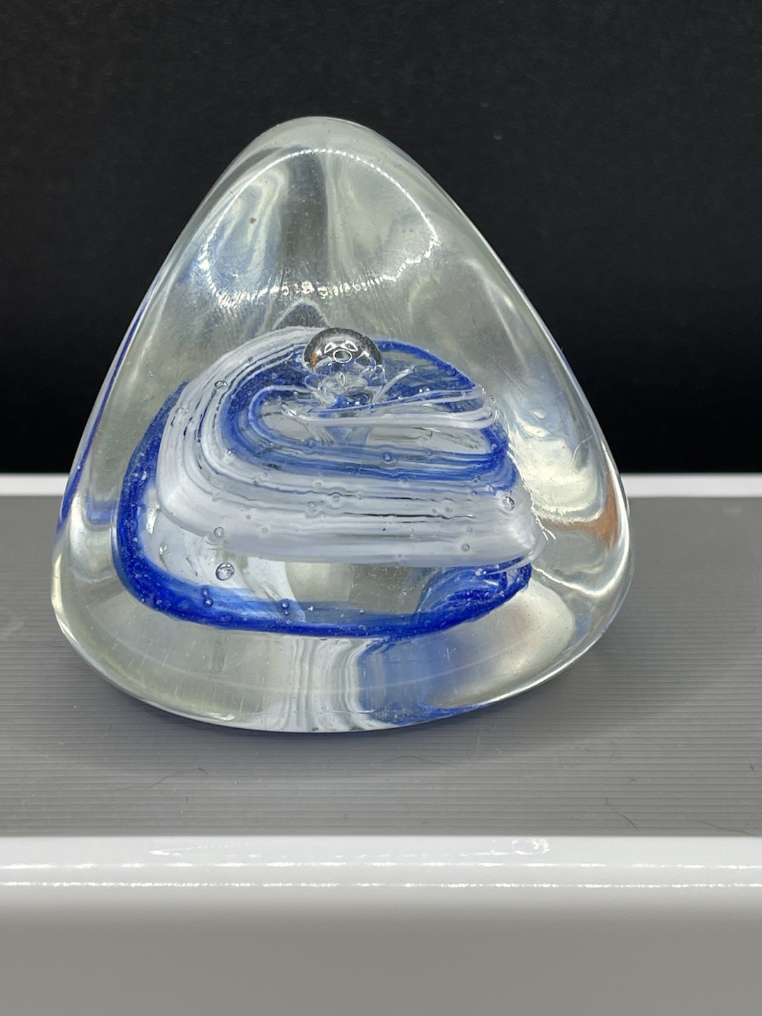 Blue And White Swirled Triangular Paperweight