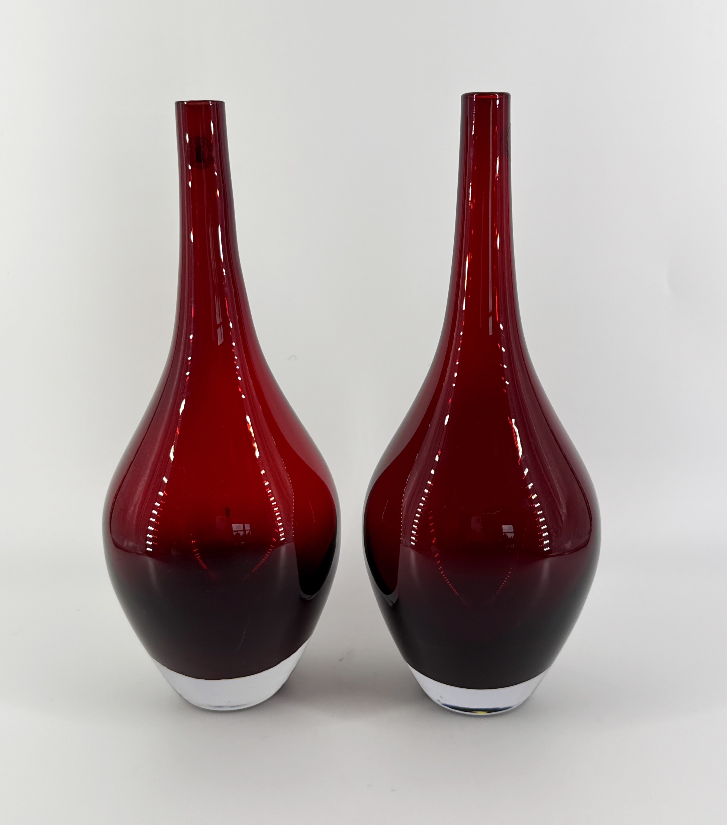 Pair IKEA Candy Apple Red Narrow Neck 12.5" Salong Glass Vases Handmade