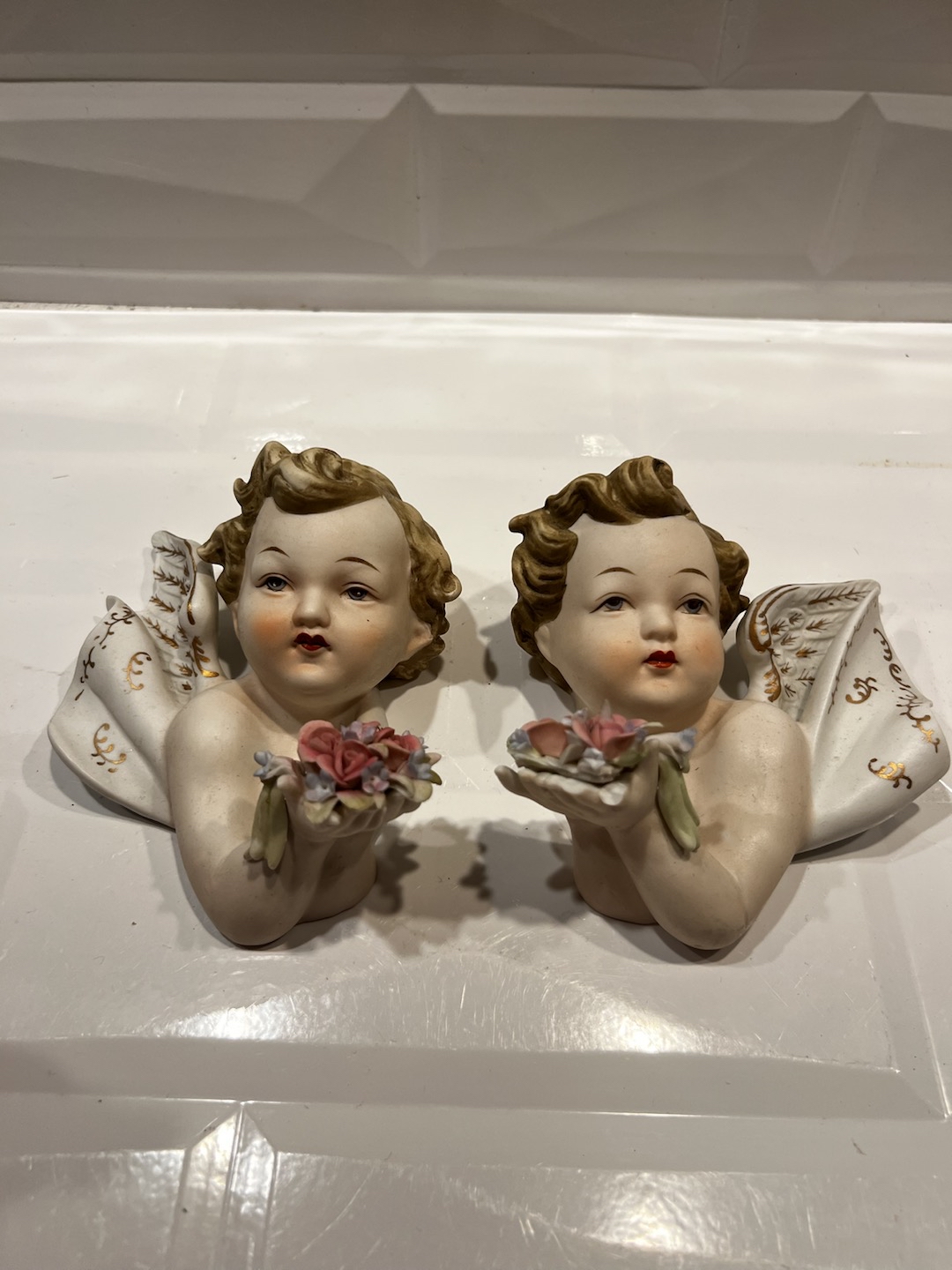 2- LEFTON China Bisque ANGEL Faces Wall Hanging Figurine CHERUB